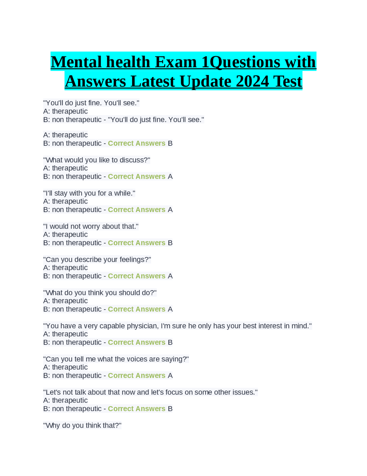 Mental health Exam 1Questions with Answers Latest Update 2024 Test ...