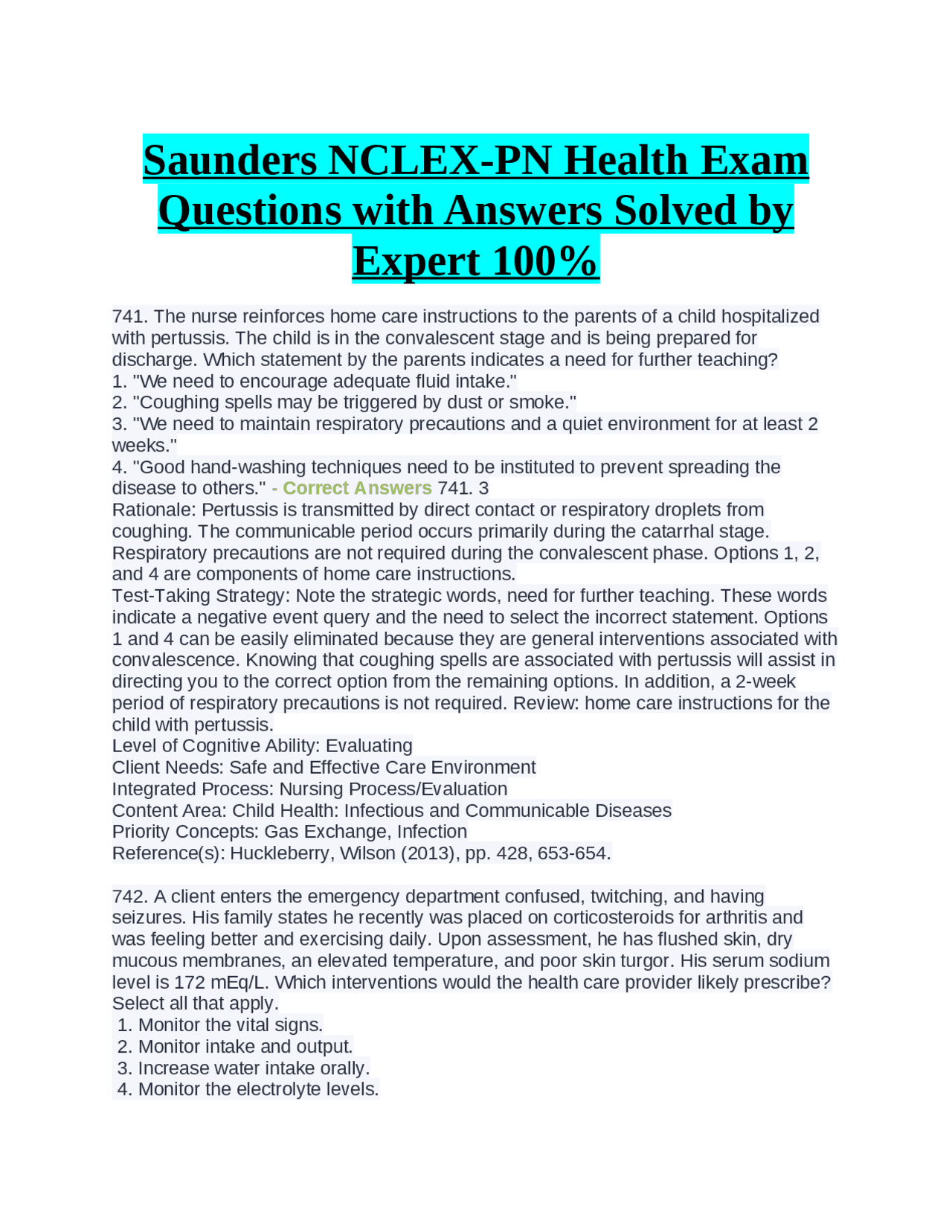 Saunders NCLEX-PN Health Exam Questions with Answers Solved by Expert ...