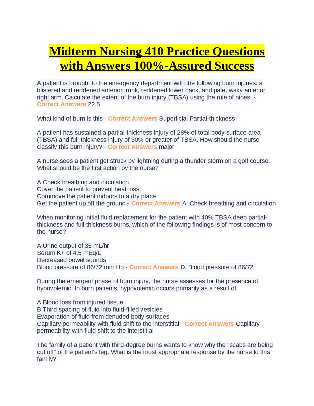 Midterm Nursing 410 Practice Questions with Answers 100%-Assured Success | Exams Nursing | Docsity