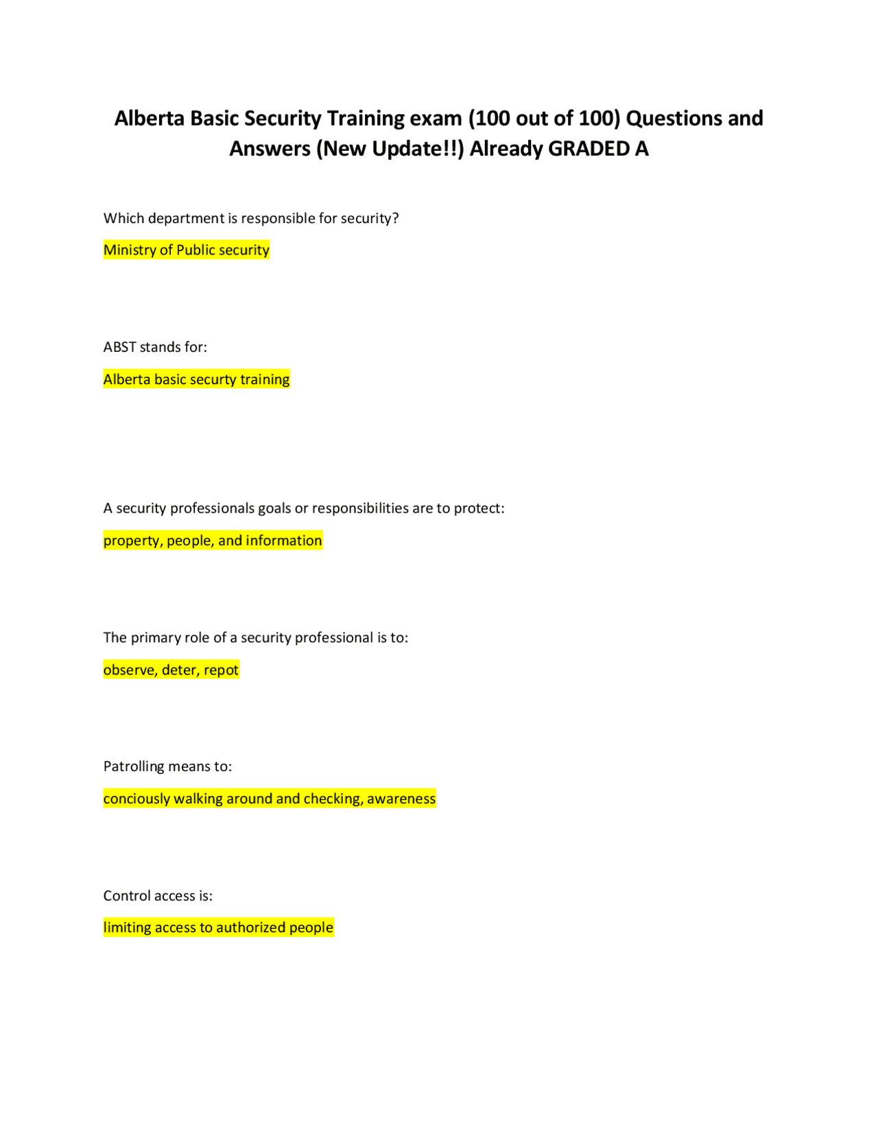 Alberta Basic Security Training exam (100 out of 100) Questions and ...