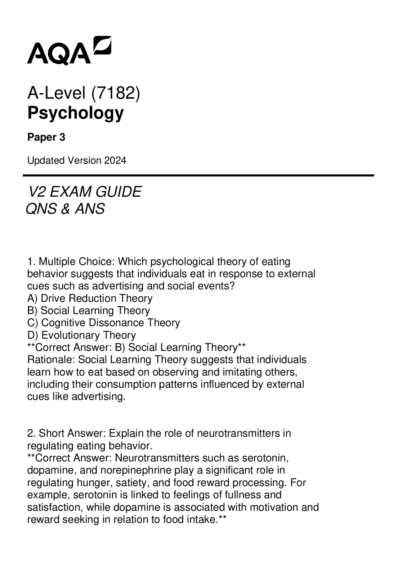 (7182) AQA A-Level Psychology Paper 3 Exam Guide Qns & Ans Updated ...