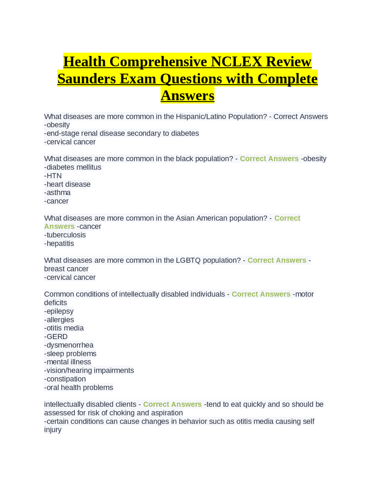 Health Comprehensive NCLEX Review Saunders Exam Questions with Complete ...