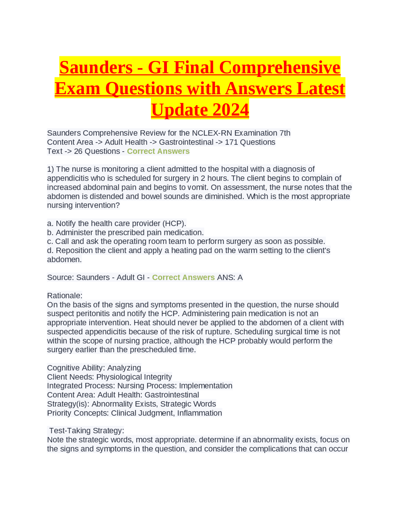 Saunders - GI Final Comprehensive Exam Questions with Answers Latest ...
