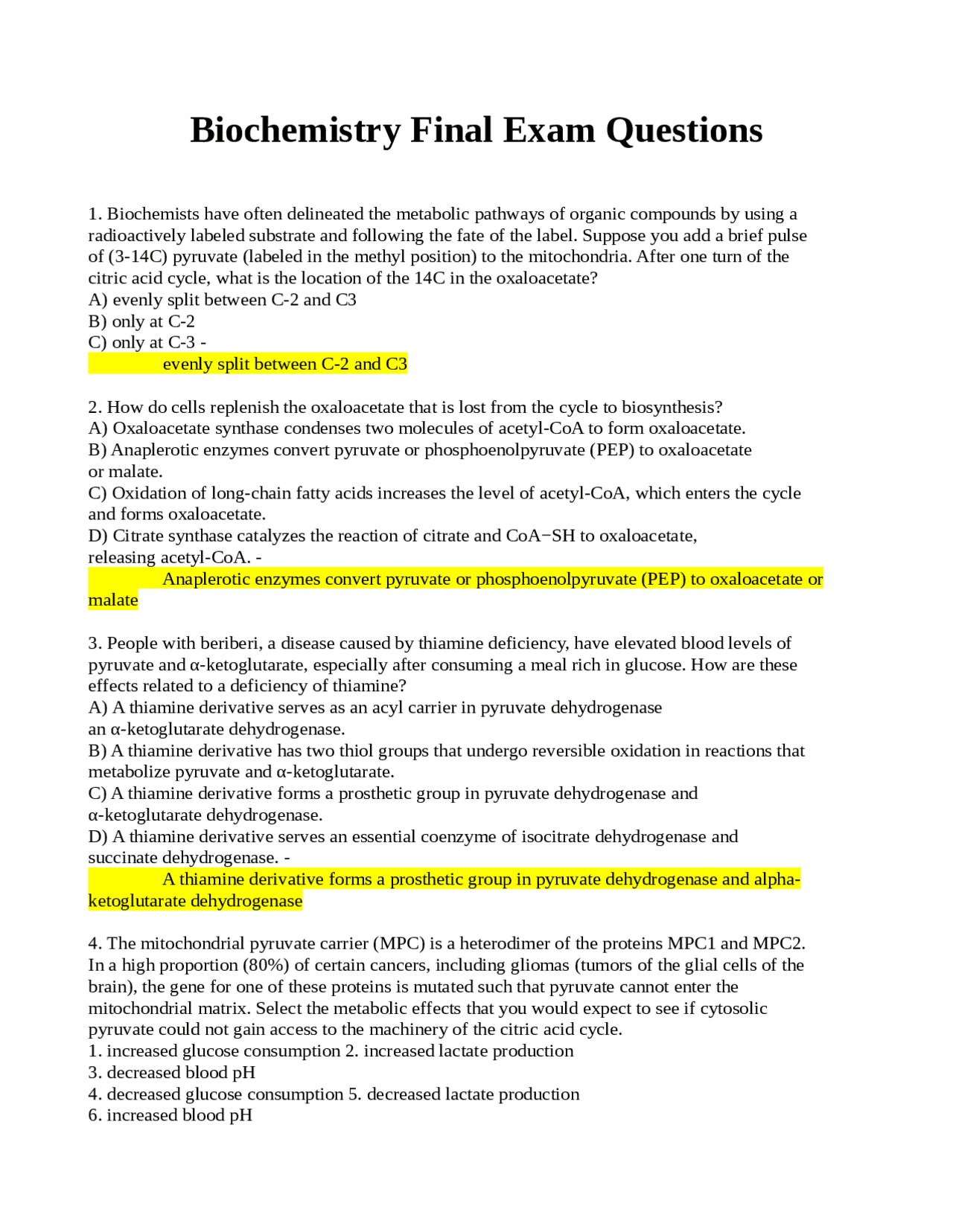 Biochemistry Final Exam Questions | Exams Biochemistry | Docsity