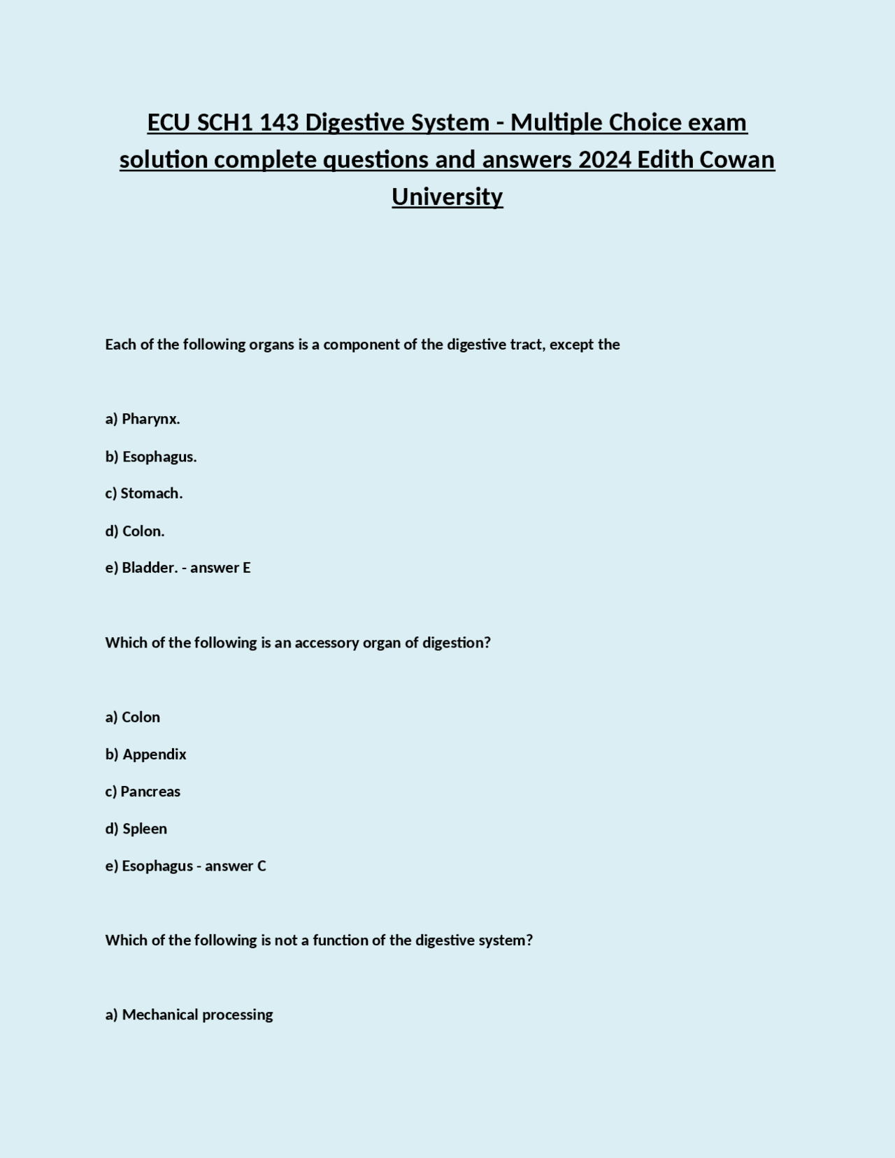 ECU SCH1 143 Digestive System - Multiple Choice exam solution complete ...