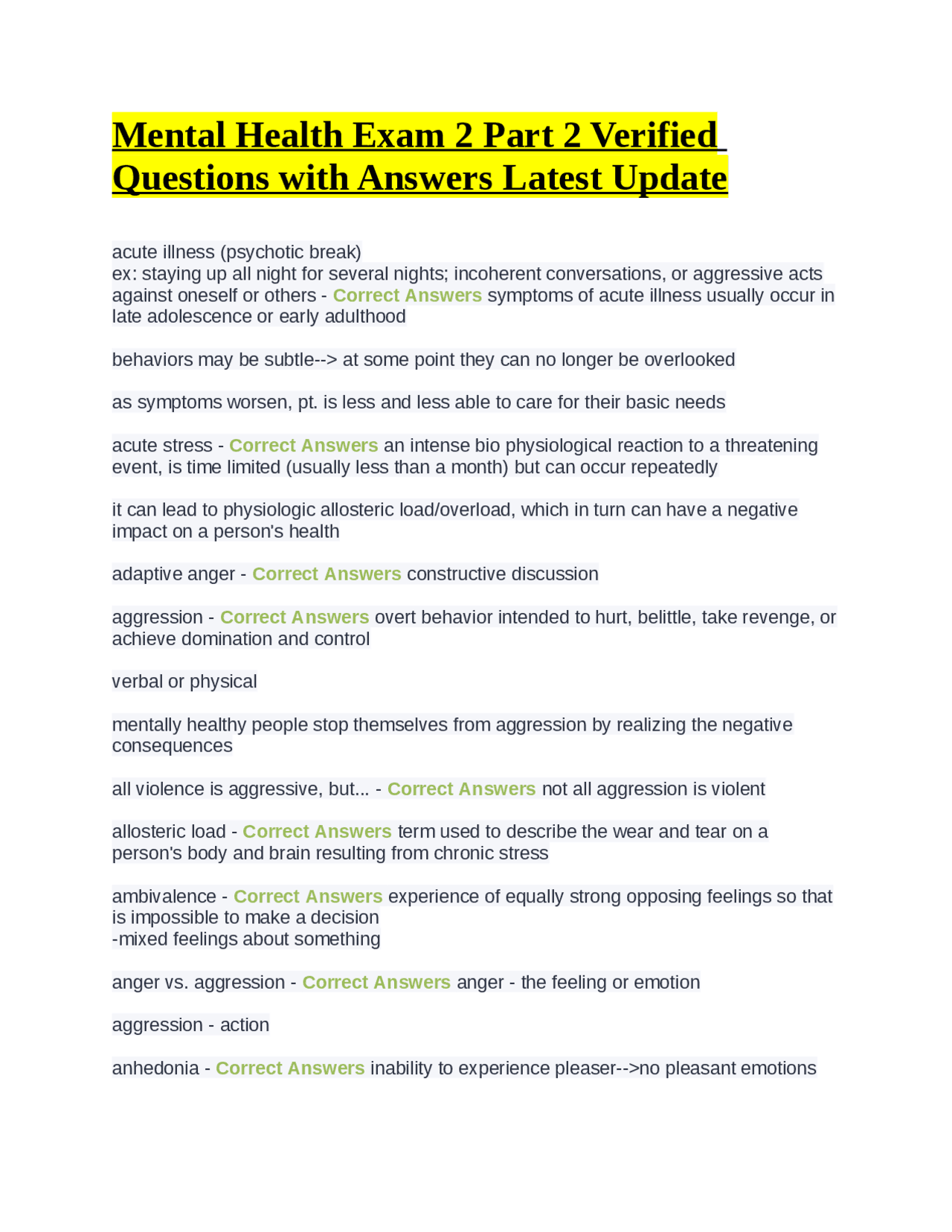 Mental Health Exam 2 Part 2 Verified Questions with Answers Latest ...