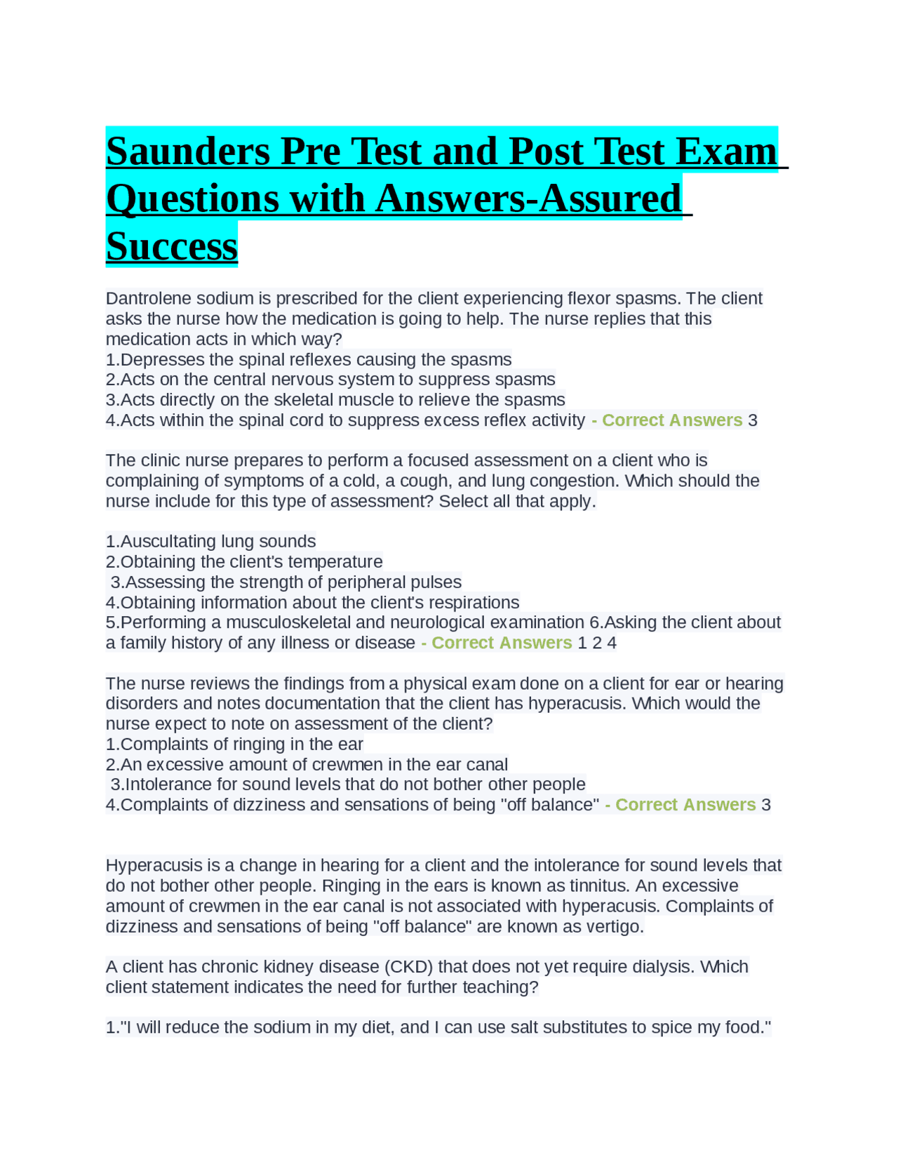Saunders Pre Test and Post Test Exam Questions with Answers-Assured ...