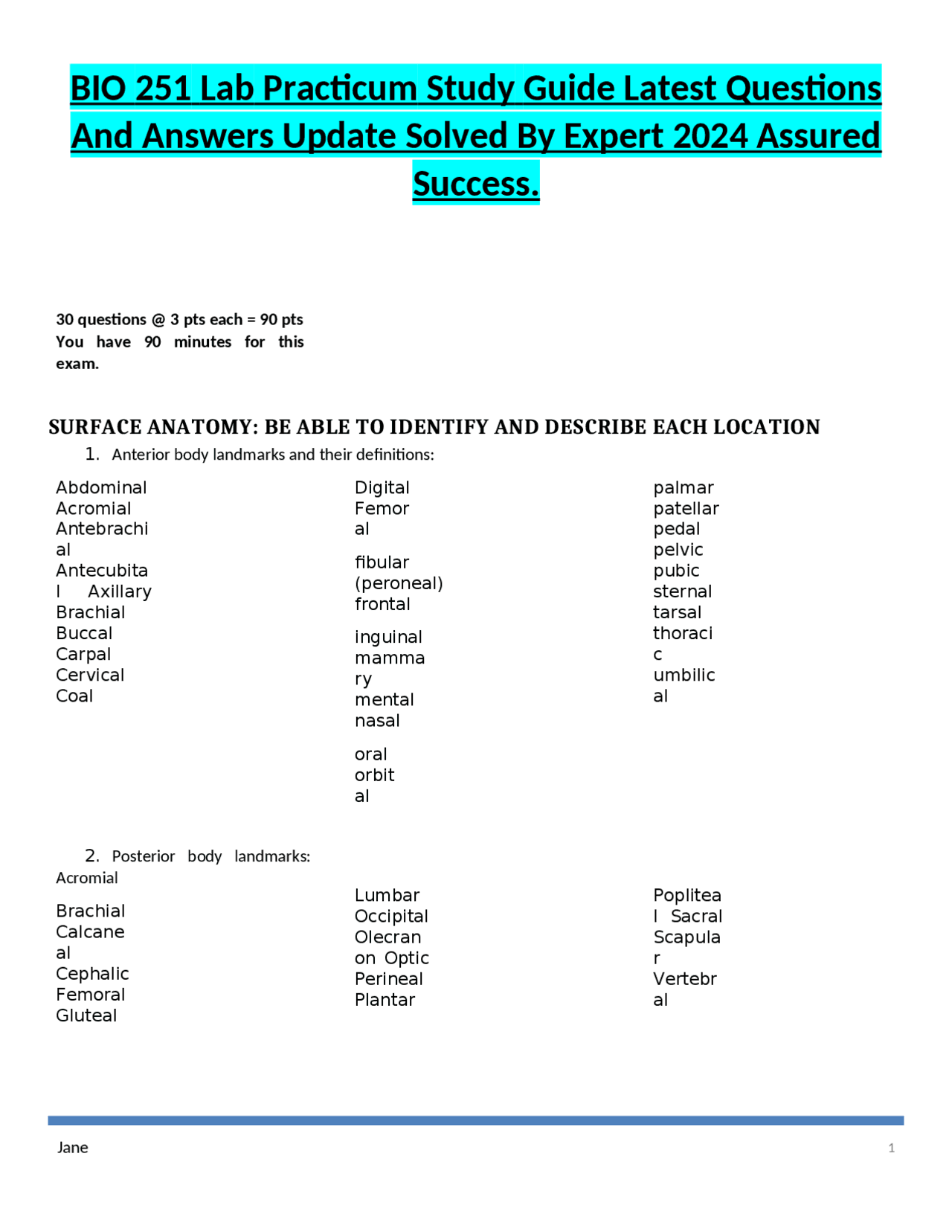 BIO 251 Lab Practicum Study Guide Latest Questions And Answers Update ...