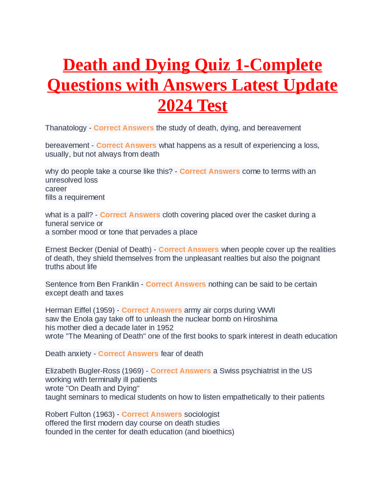 Death and Dying Quiz 1-Complete Questions with Answers Latest Update ...