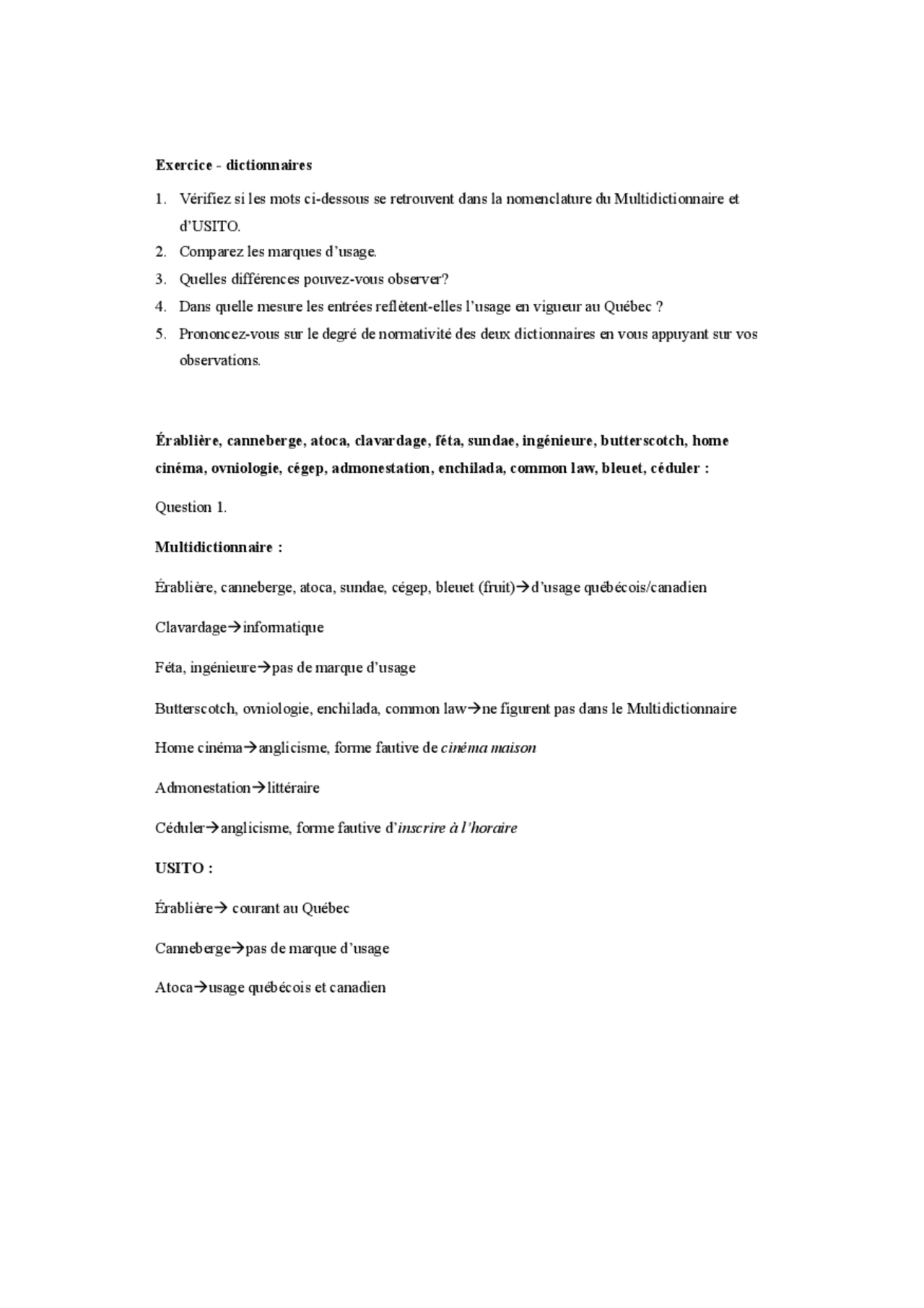 exercice de dictionnaire | Exercises Dietetics | Docsity