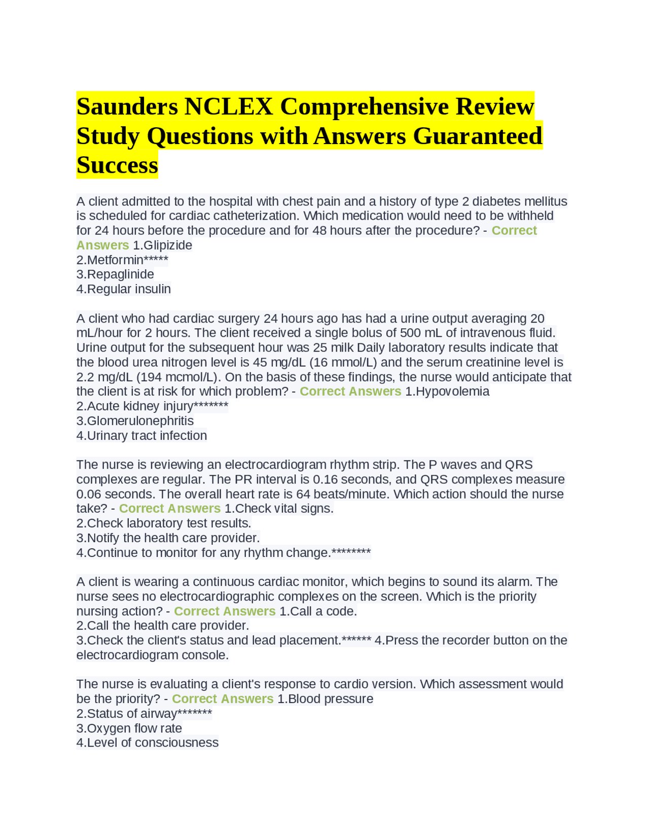 Saunders NCLEX Comprehensive Review Study Questions with Answers ...