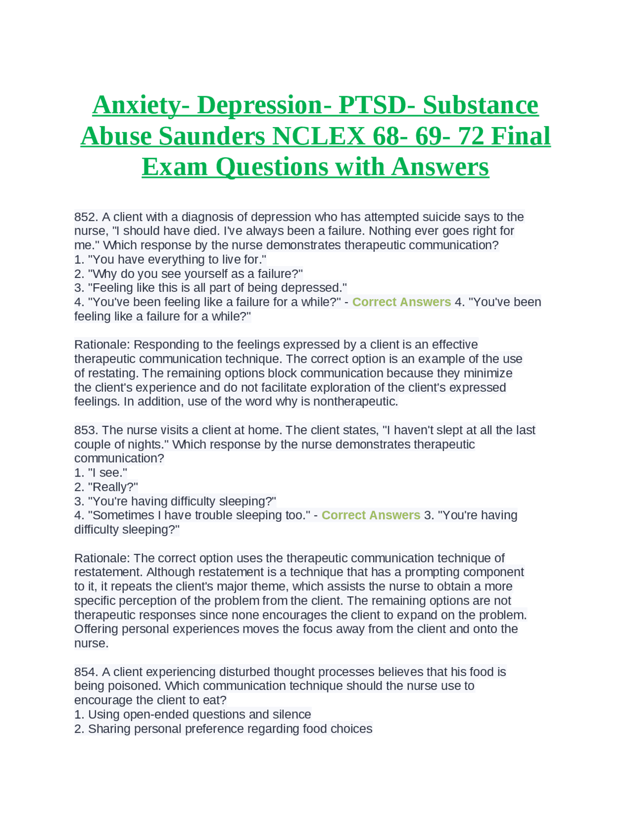 Anxiety- Depression- PTSD- Substance Abuse Saunders NCLEX 68- 69- 72 ...