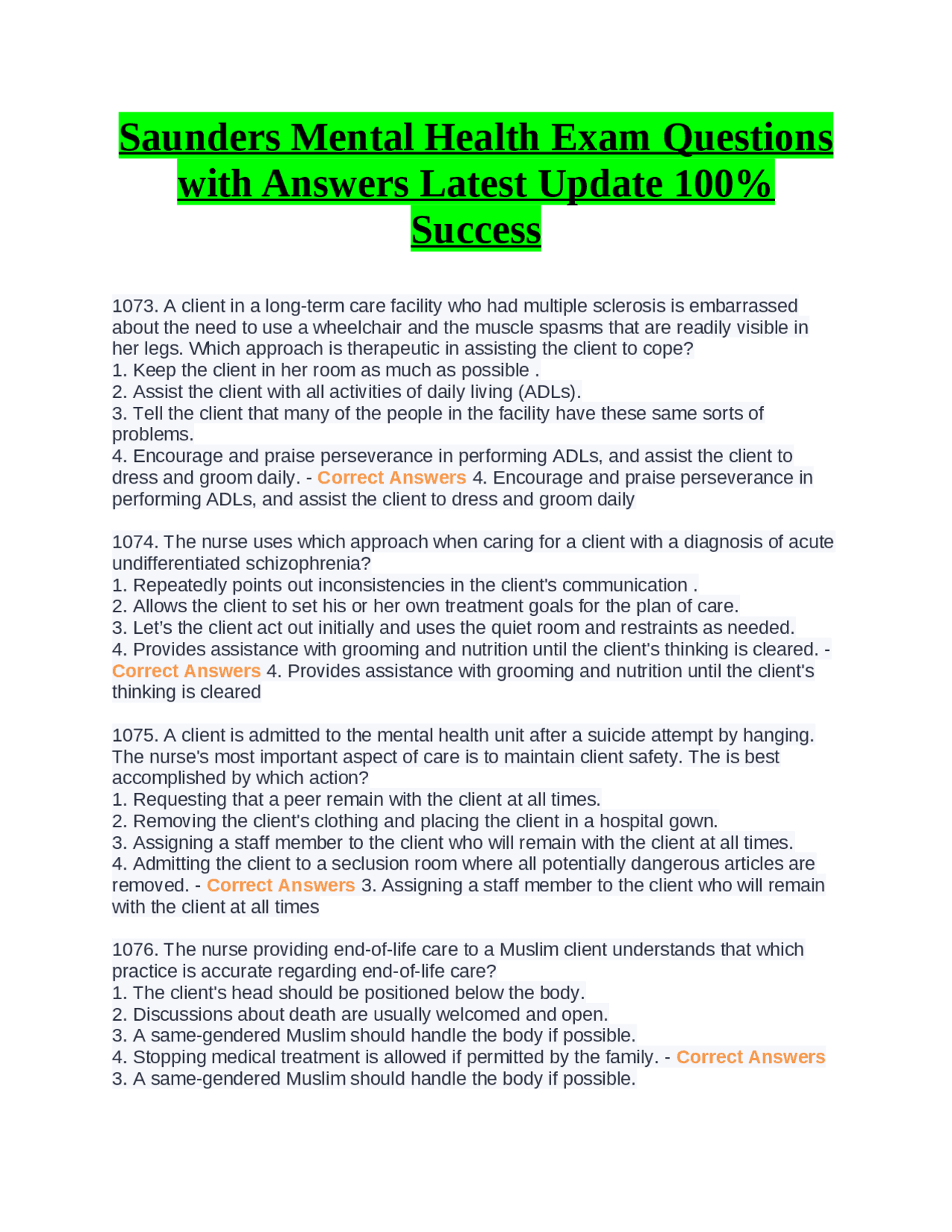 Saunders Mental Health Exam Questions with Answers Latest Update 100% ...