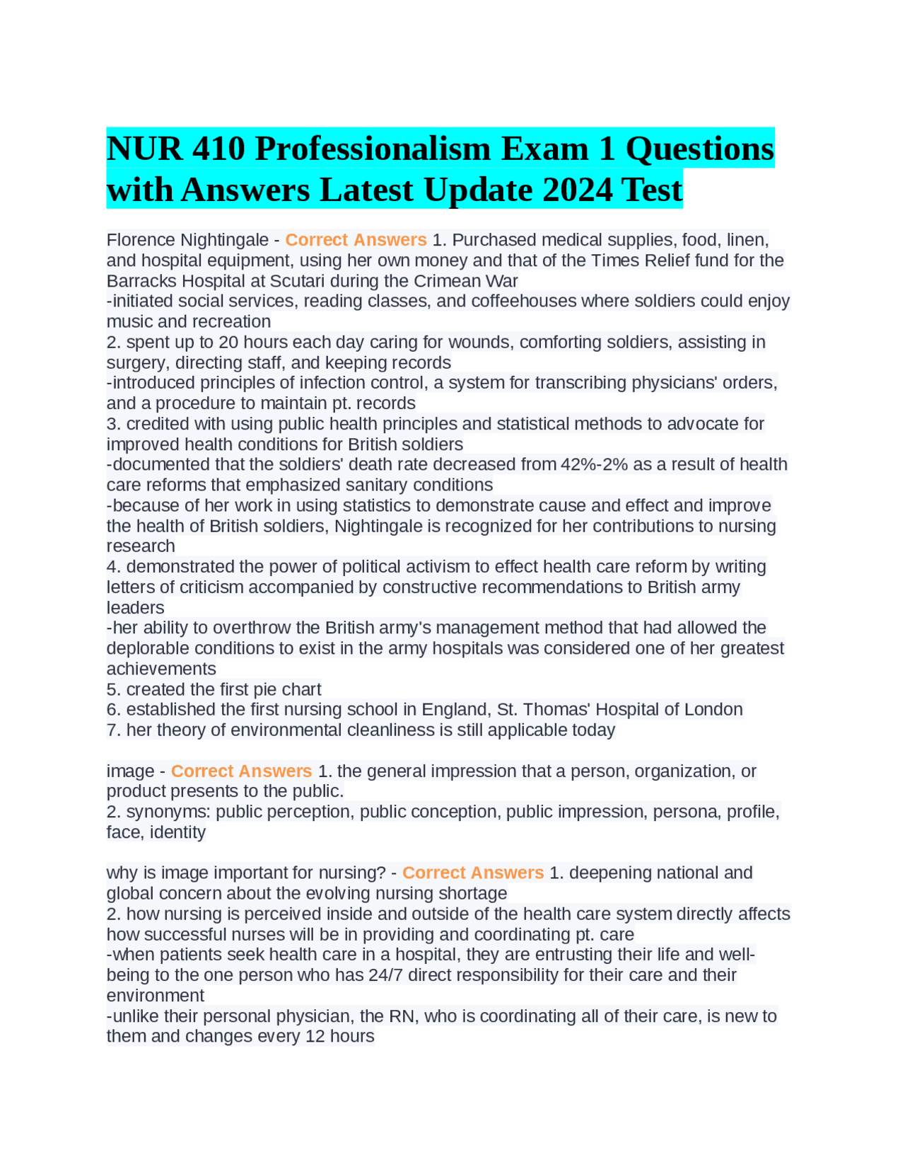 NUR 410 Professionalism Exam 1 Questions with Answers Latest Update ...