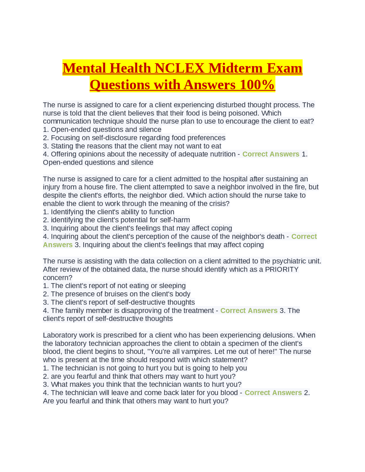 Mental Health NCLEX Midterm Exam Questions with Answers 100% | Exams ...