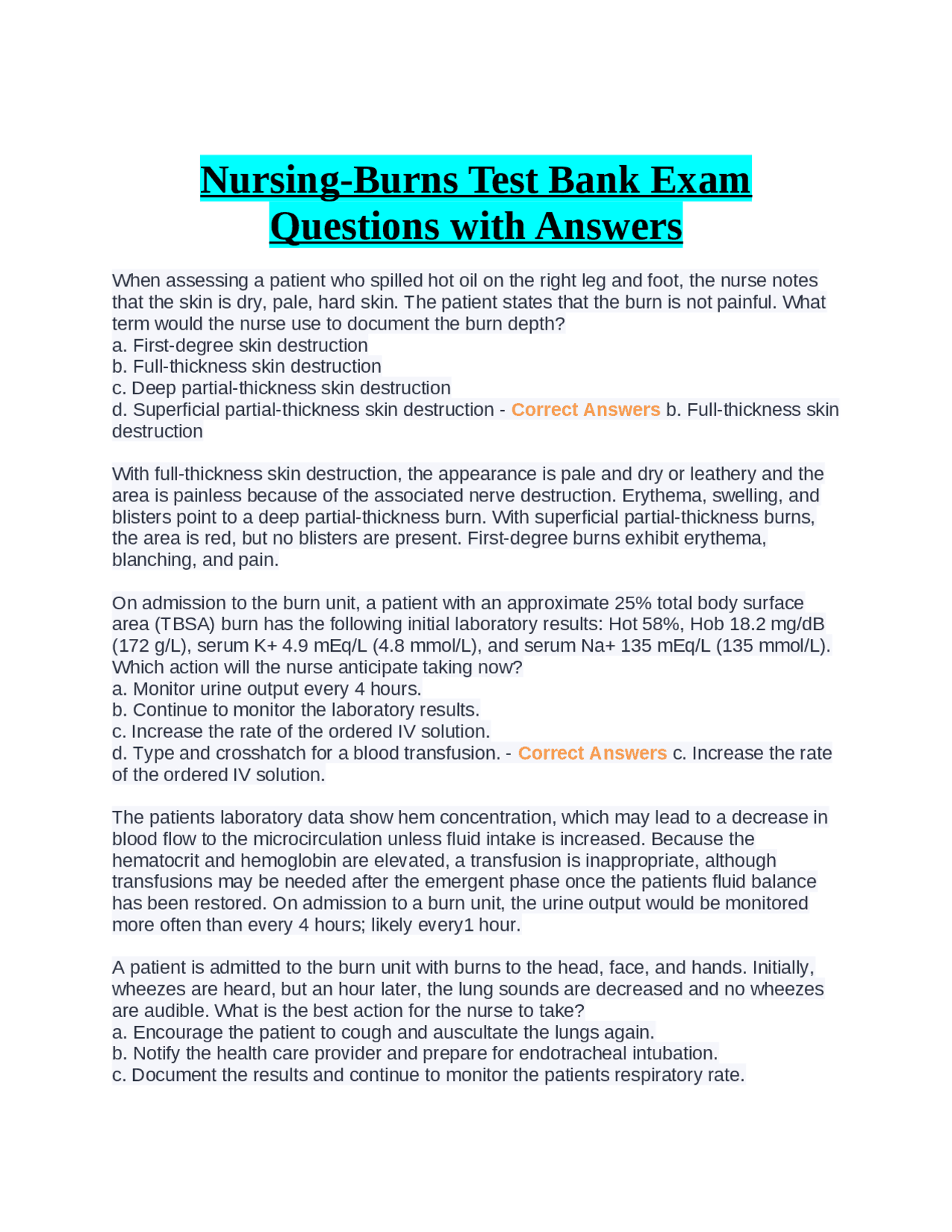 Burn Care and Management | Exams Nursing | Docsity