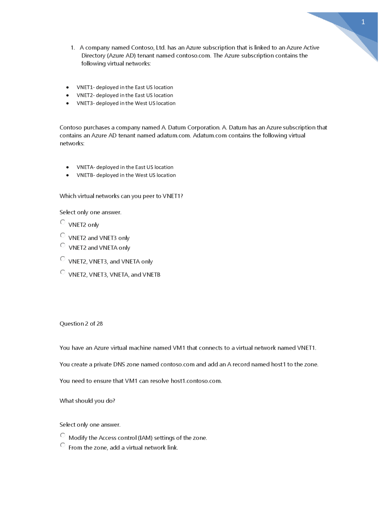 Azure Virtual Network Peering and DNS Registration | Exams Nursing | Docsity