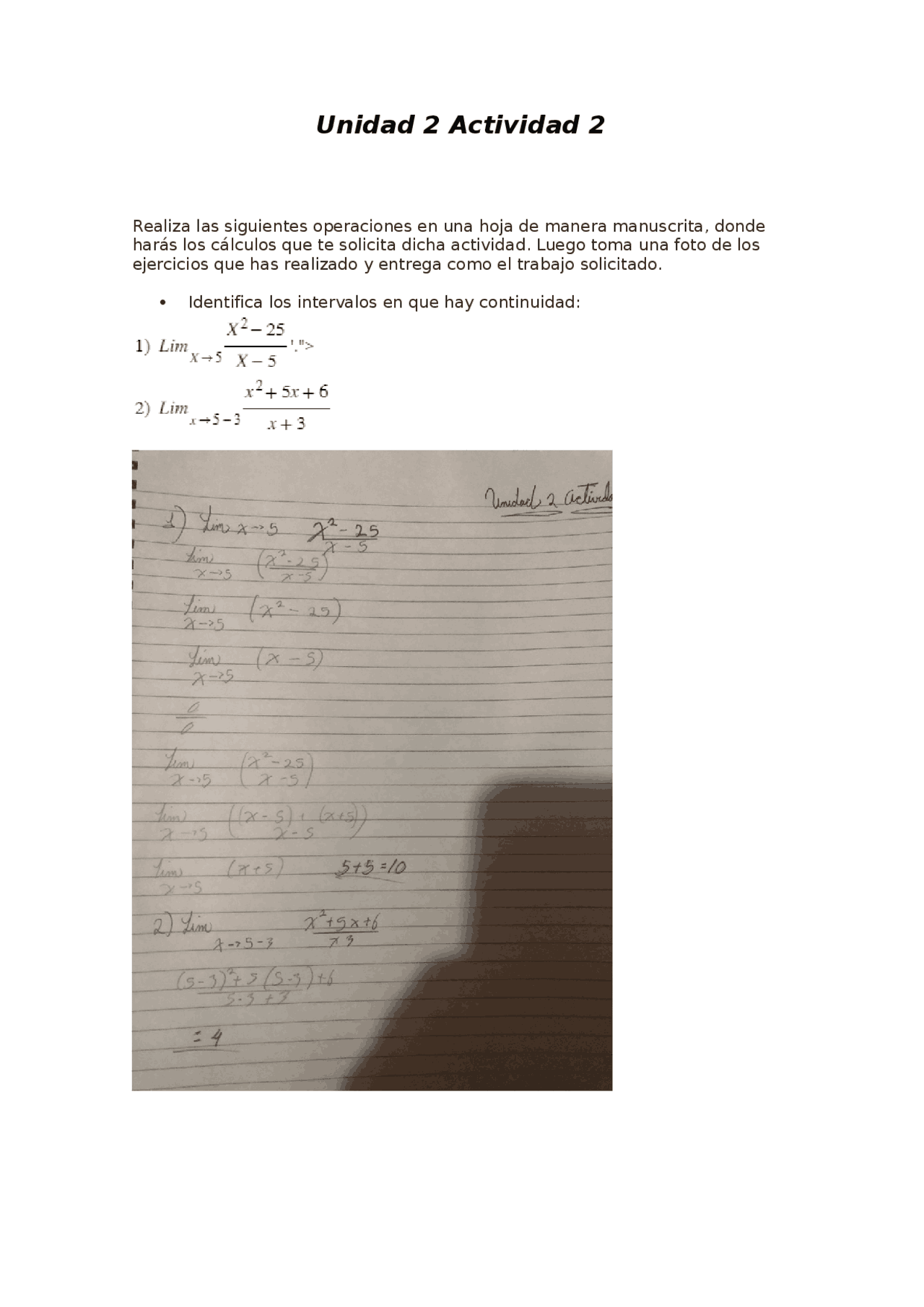 unidad 2 actividad 2 | Ejercicios de Matemáticas | Docsity