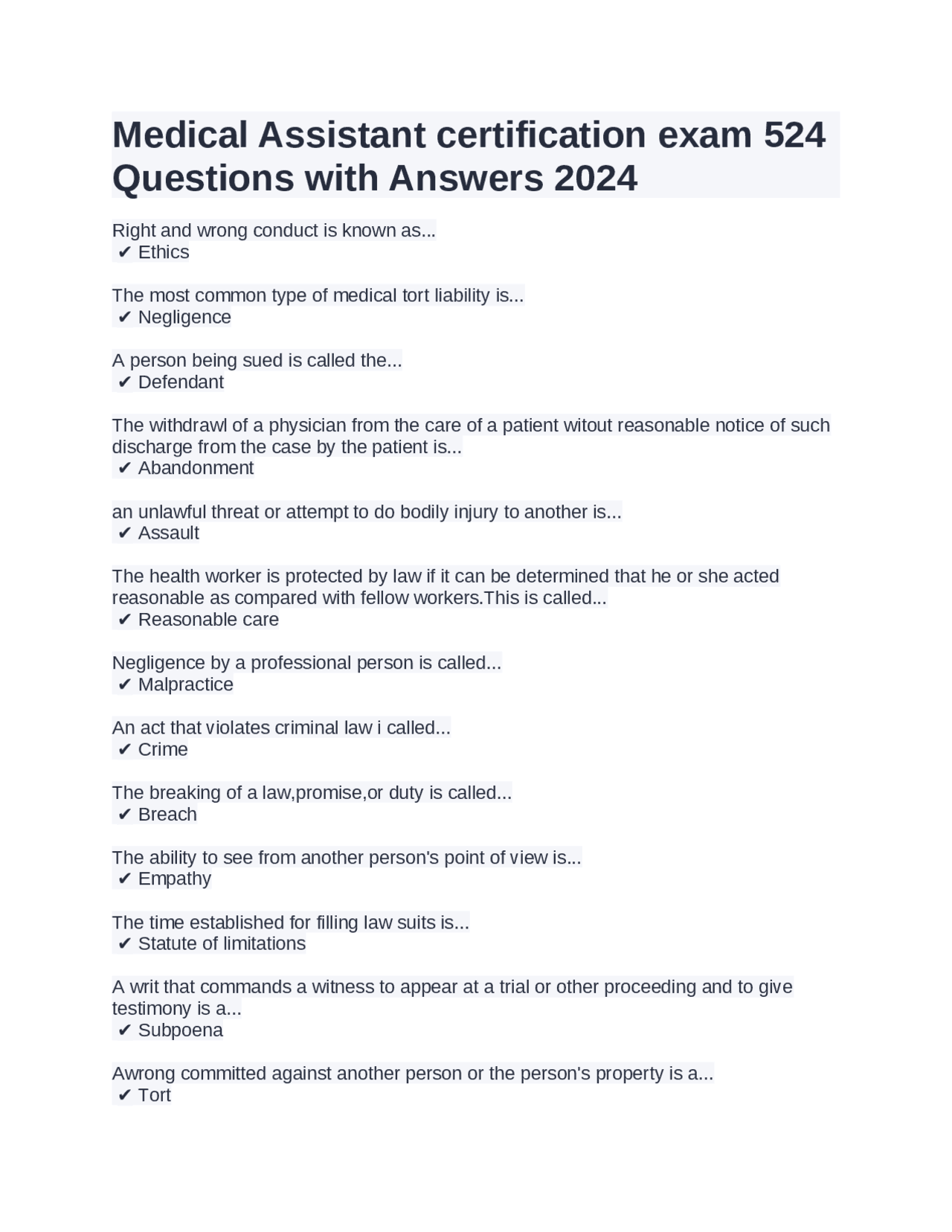 Medical Assistant certification exam 524 Questions with Answers 2024 ...