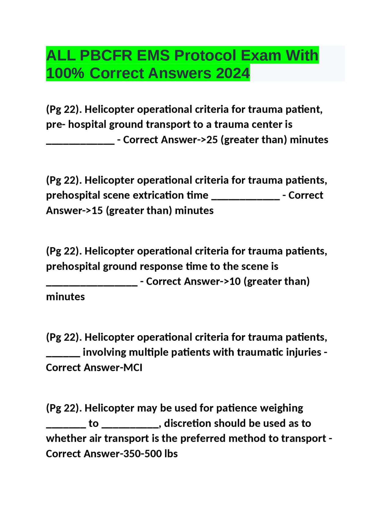ALL PBCFR EMS Protocol Exam With 100% Correct Answers 2024 | Exams ...