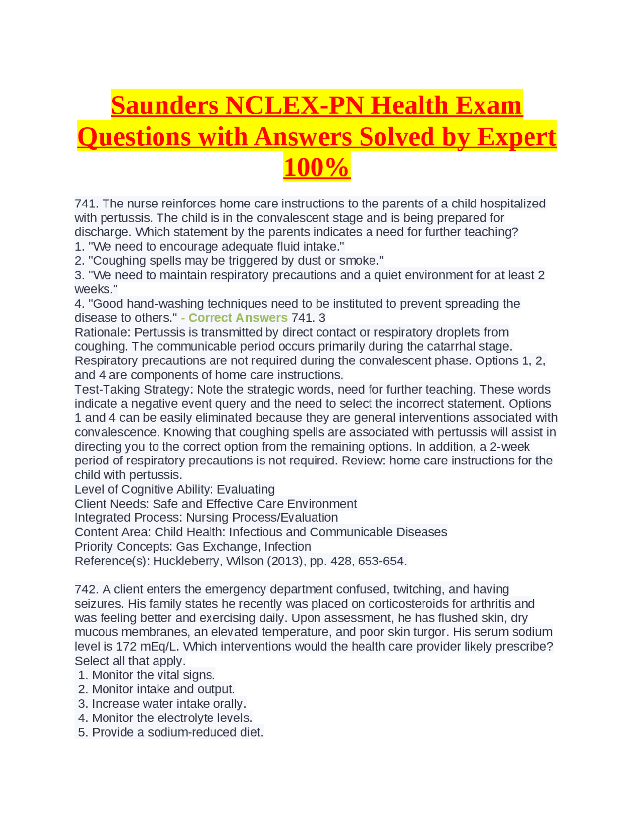 Saunders NCLEX-PN Health Exam Questions with Answers Solved by Expert 100% | Exams Health ...