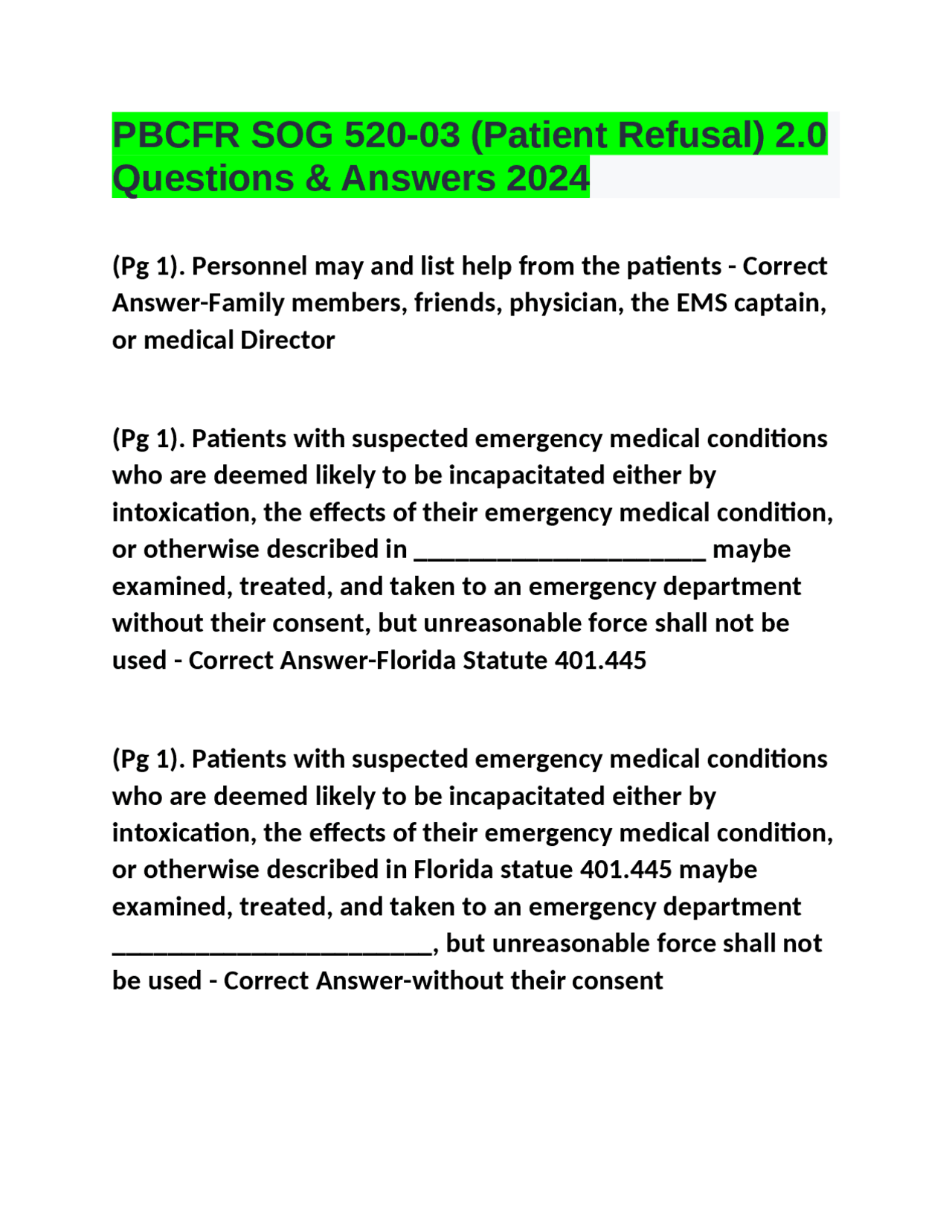 PBCFR SOG 520-03 (Patient Refusal) 2.0 Questions & Answers 2024 | Exams ...
