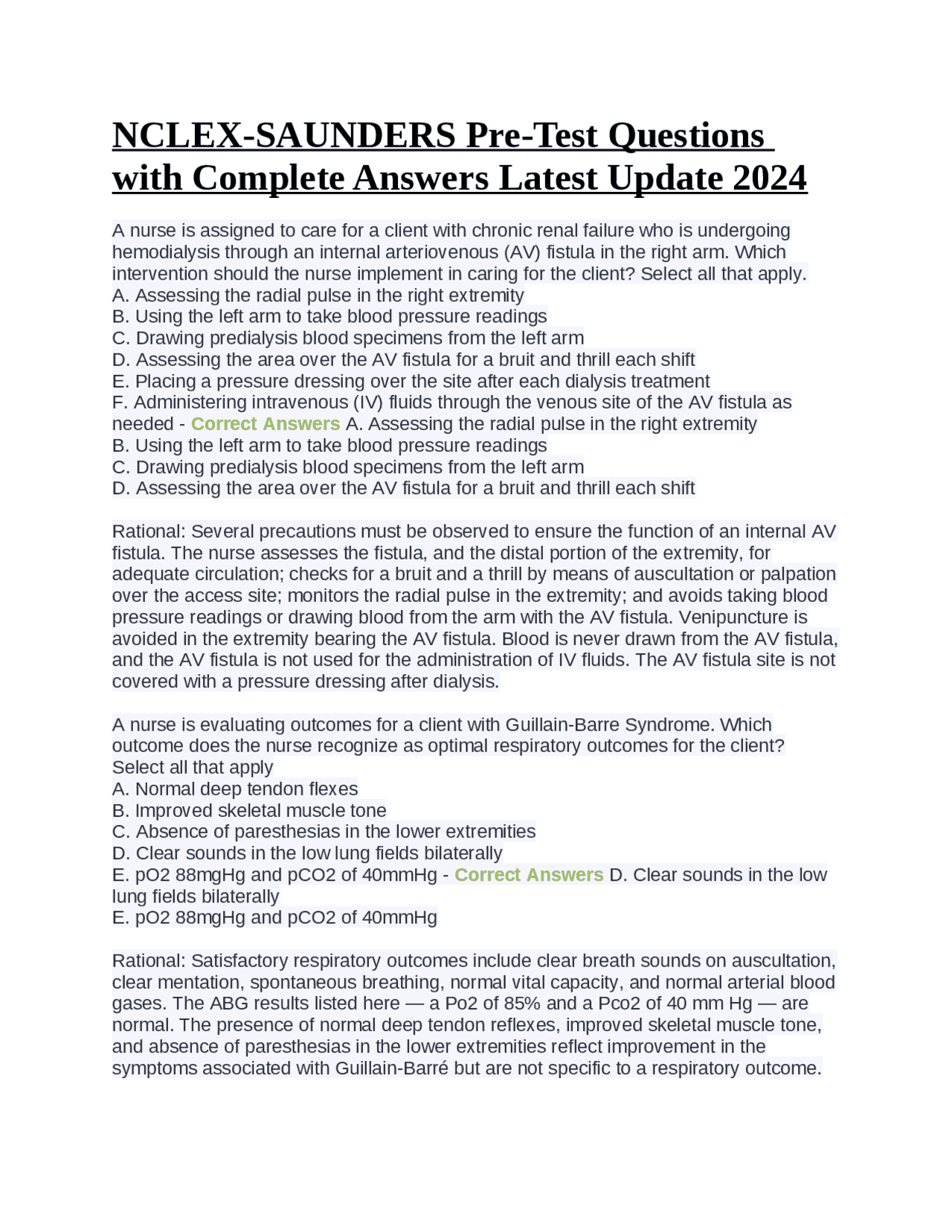 NCLEX-SAUNDERS Pre-Test Questions with Complete Answers Latest Update ...