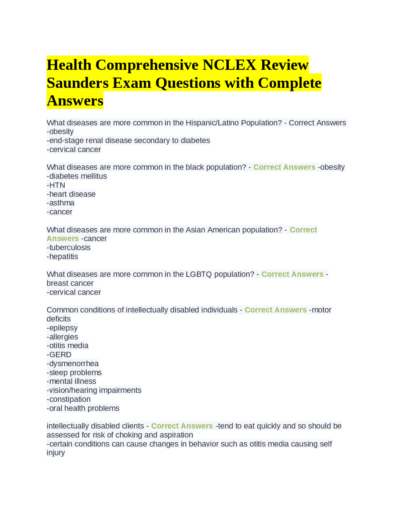 Health Comprehensive NCLEX Review Saunders Exam Questions with Complete ...
