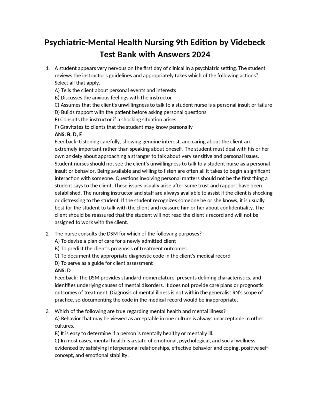 Psychiatric-Mental Health Nursing 9th Edition by Videbeck Test Bank ...