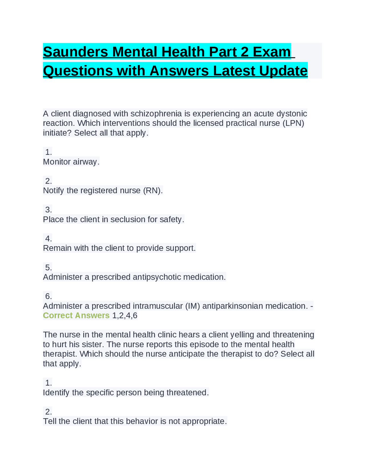 Saunders Mental Health Part 2 Exam Questions with Answers Latest Update ...