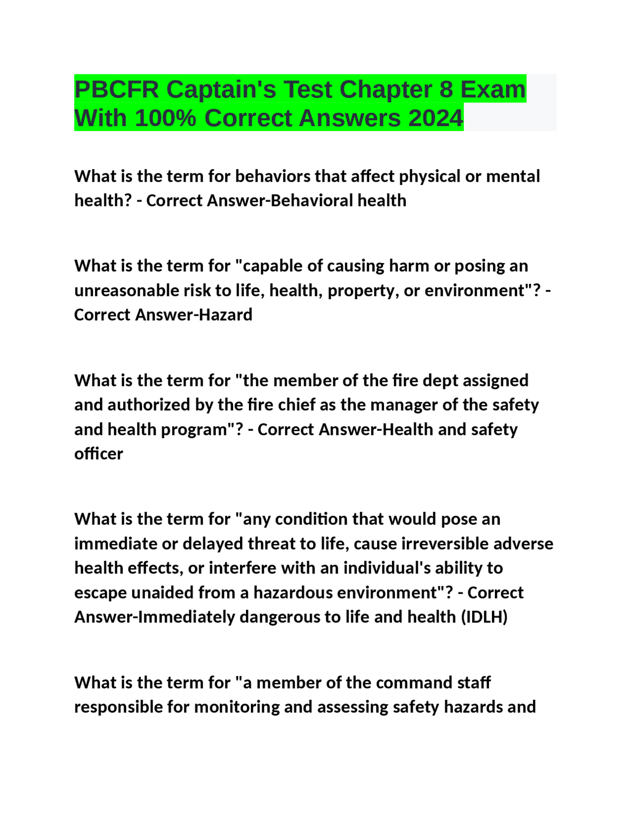PBCFR Captain's Test Chapter 8 Exam With 100% Correct Answers 2024 ...