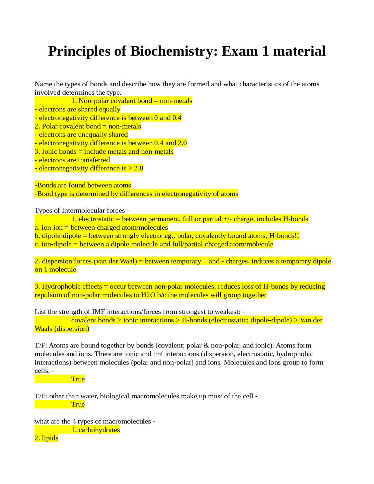 Principles of Biochemistry: Exam 1 material. | Exams Biochemistry | Docsity