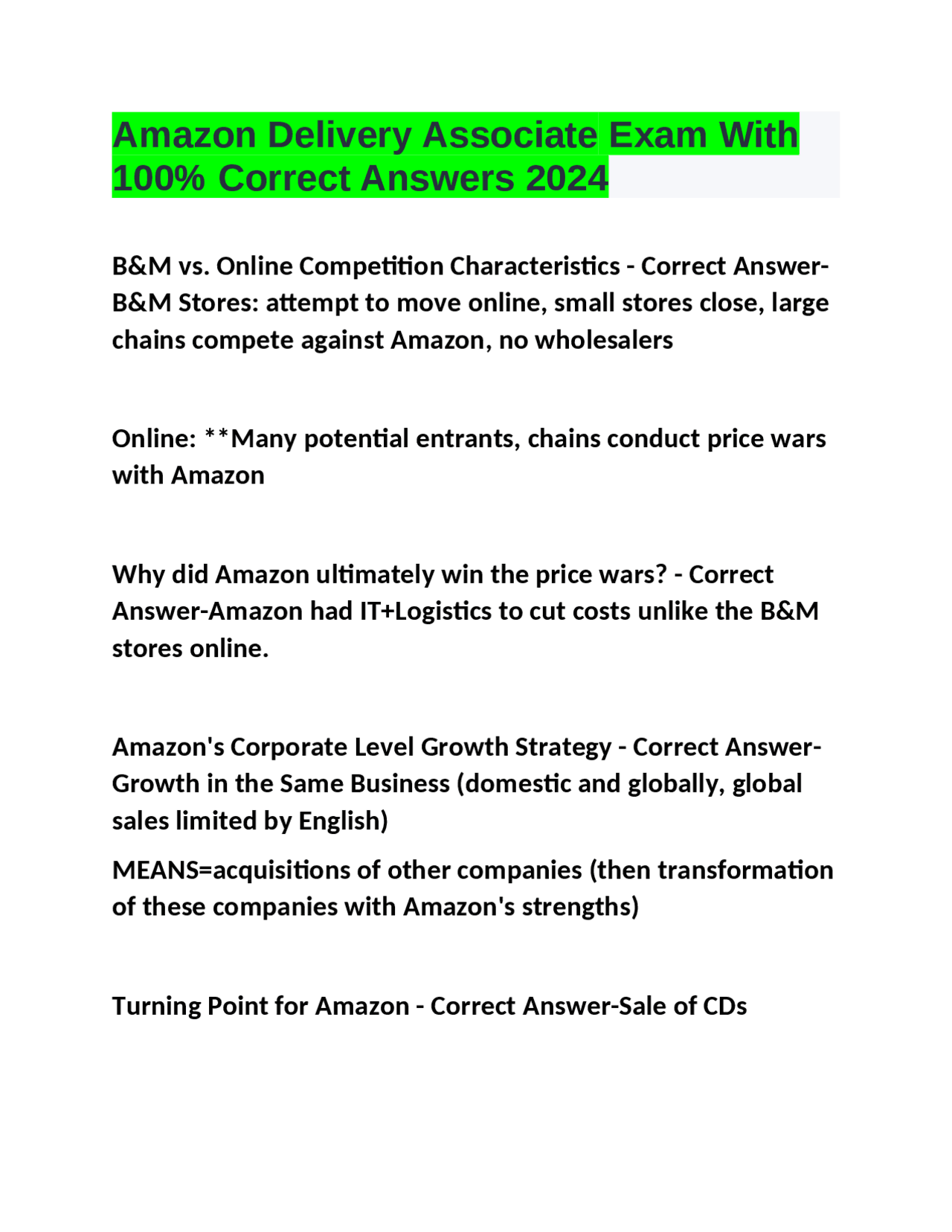 Amazon Delivery Associate Exam With 100% Correct Answers 2024 | Exams ...