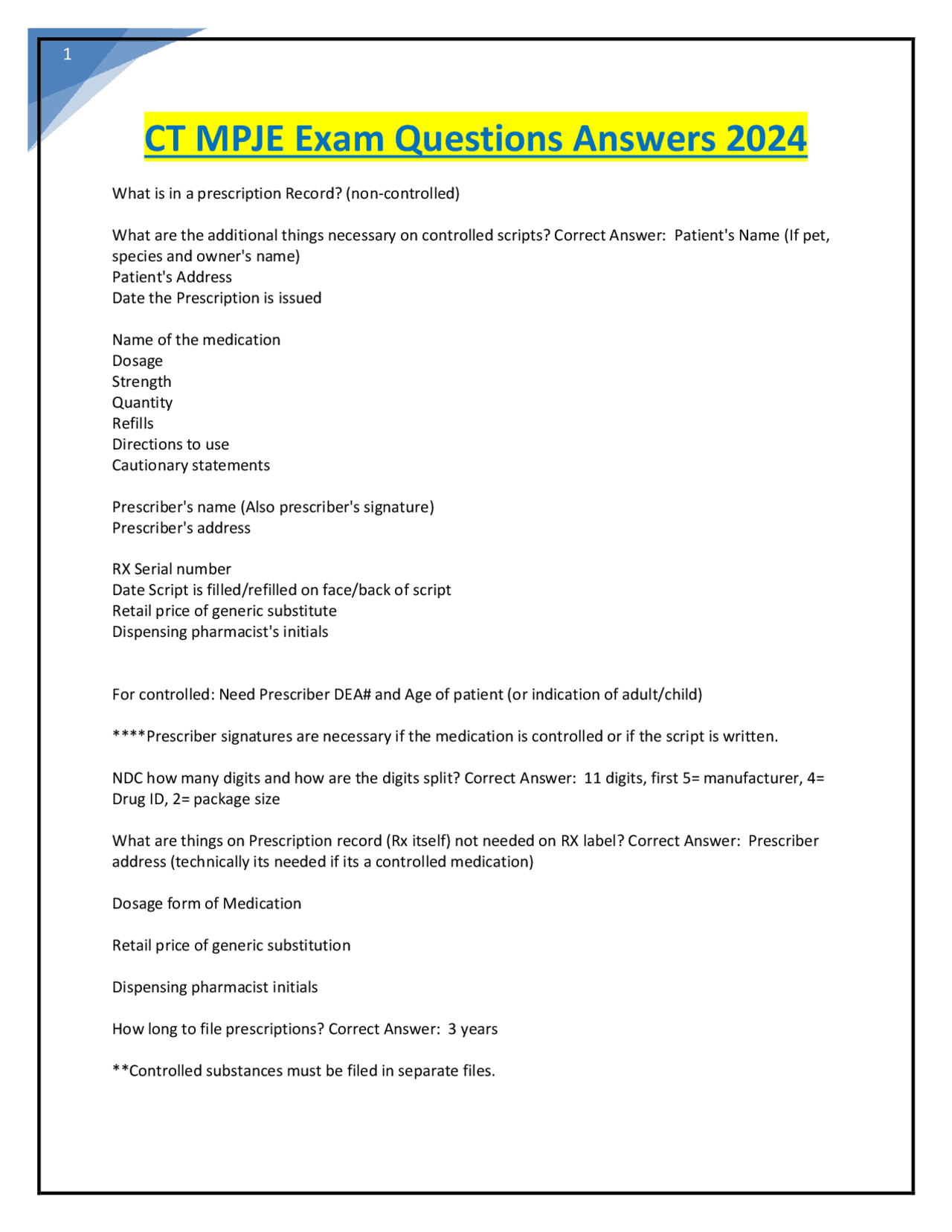 CT MPJE Exam Questions Answers 2024 | Exams Nursing | Docsity