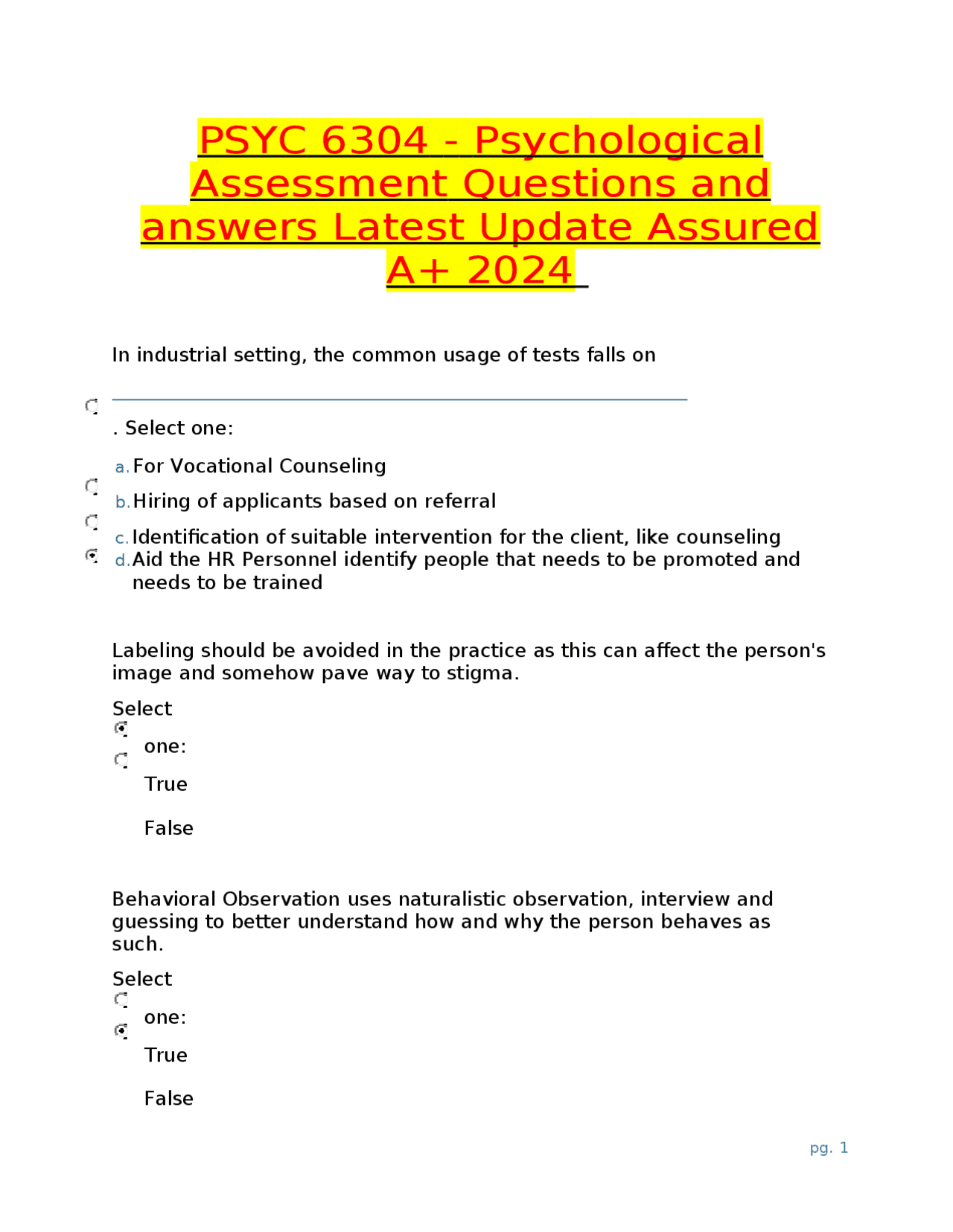 PSYC 6304 - Psychological Assessment Questions and answers Latest ...