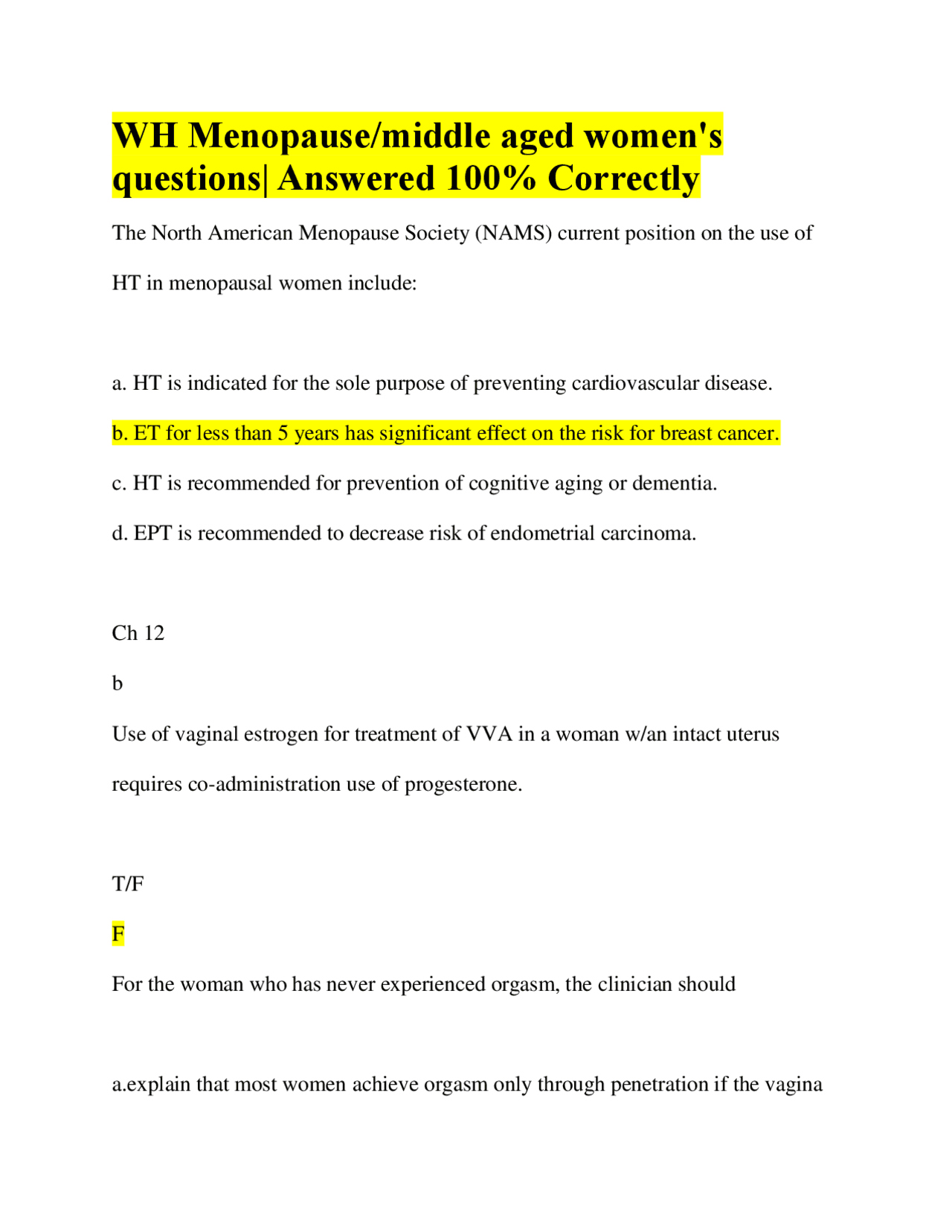 WH Menopause/middle aged women's questions| Answered 100% Correctly ...
