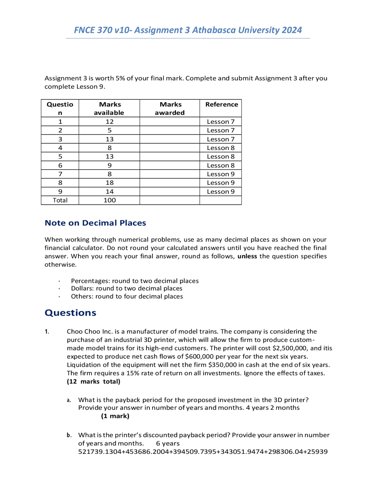 FNCE 370 v10- Assignment 3 Athabasca University 2024 | Exams Finance | Docsity