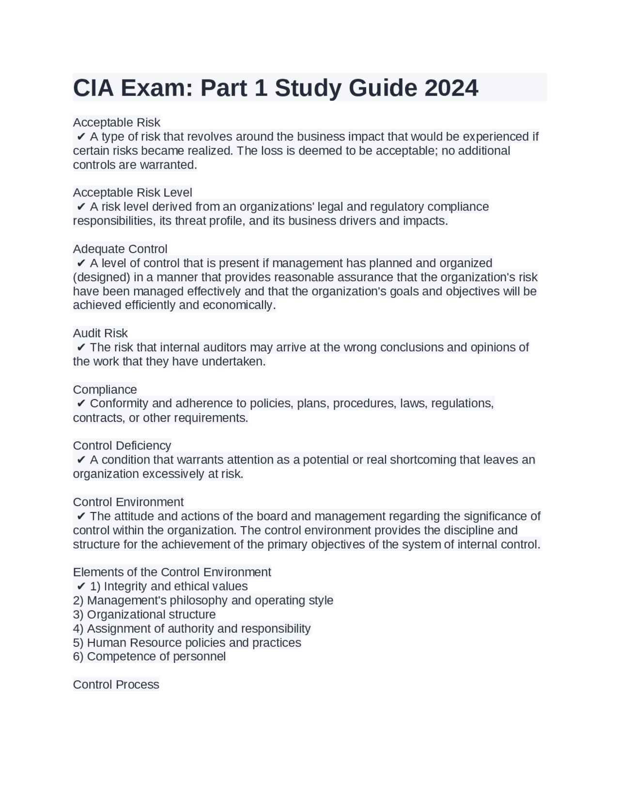 CIA Exam: Part 1 Study Guide 2024 | Exams Sociology | Docsity