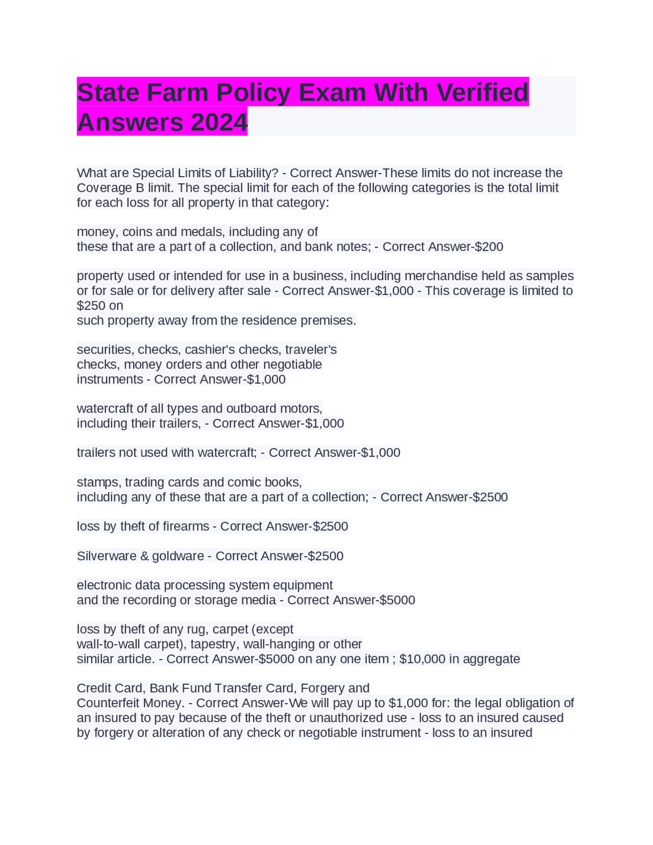 State Farm Policy Exam With Verified Answers 2024 | Exams Advanced ...