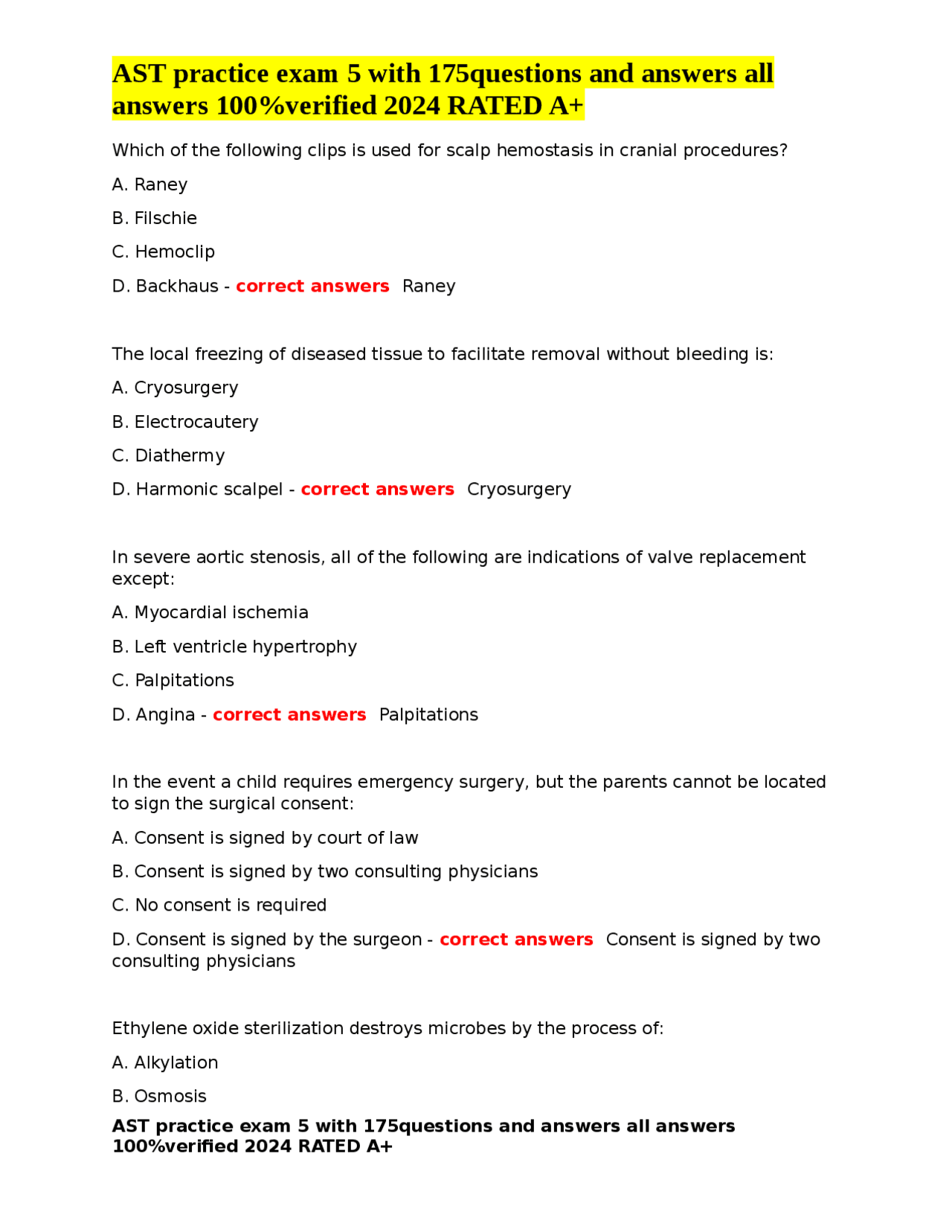 AST practice exam 5 with 175questions and answers all answers 100 ...