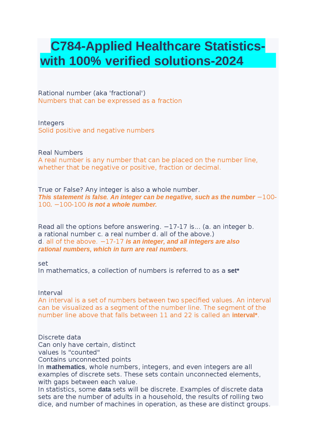C784-Applied Healthcare Statistics-with 100 verified solutions-2024.docx | Exams Nursing | Docsity