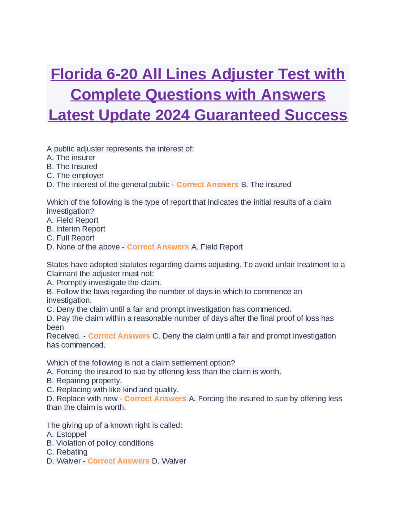 Florida 6-20 All Lines Adjuster Test with Complete Questions with ...