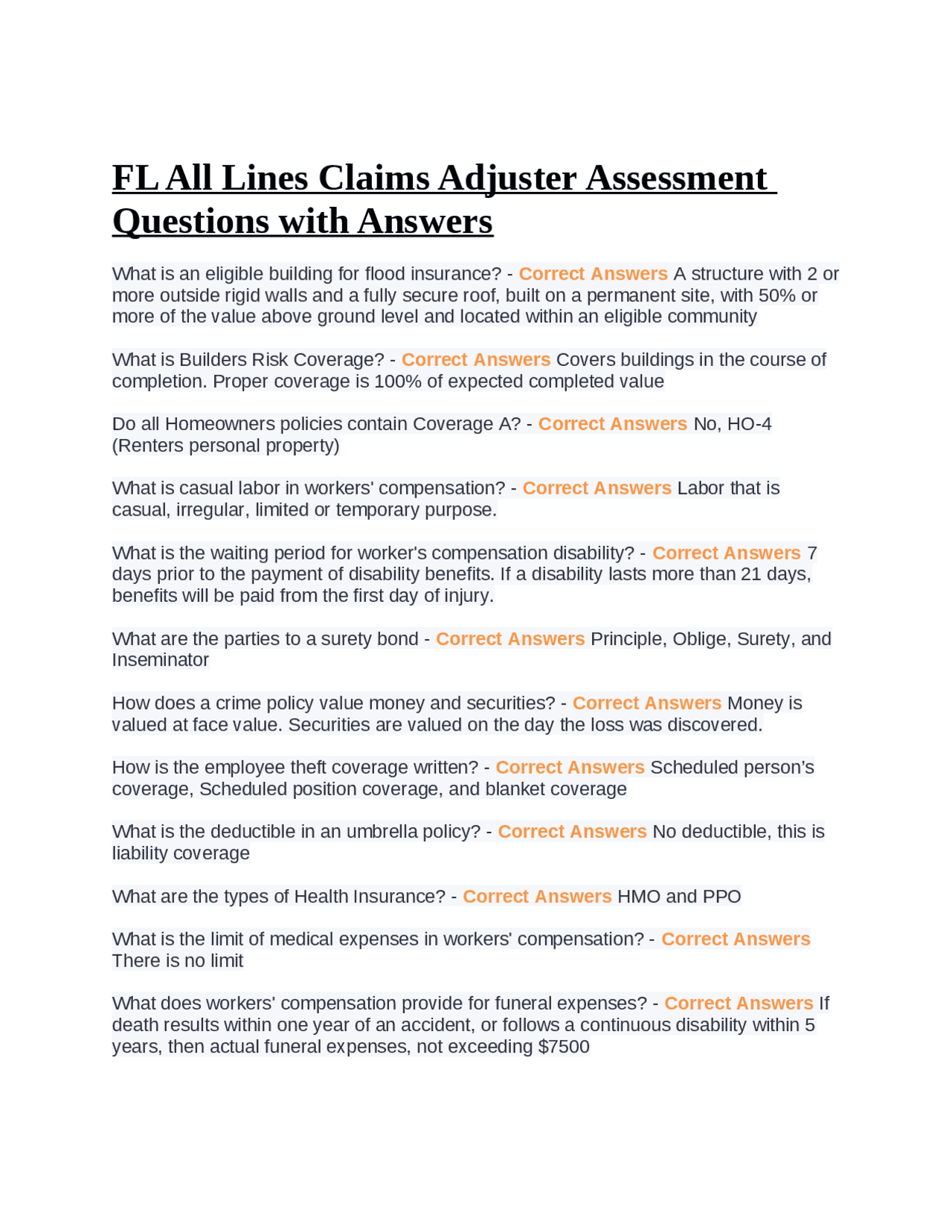 Insurance Claims Adjuster Assessment Questions and Answers | Exams ...