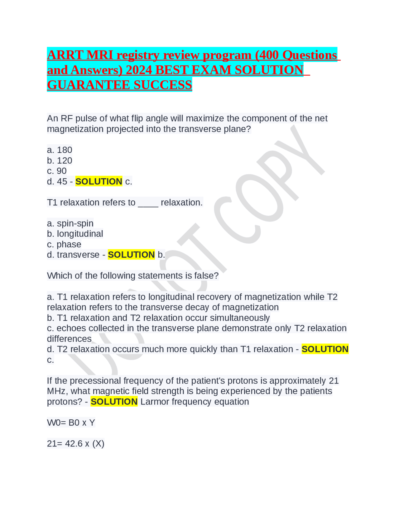 ARRT MRI registry review program (400 Questions and Answers) 2024 BEST EXAM SOLUTION GUAR ...