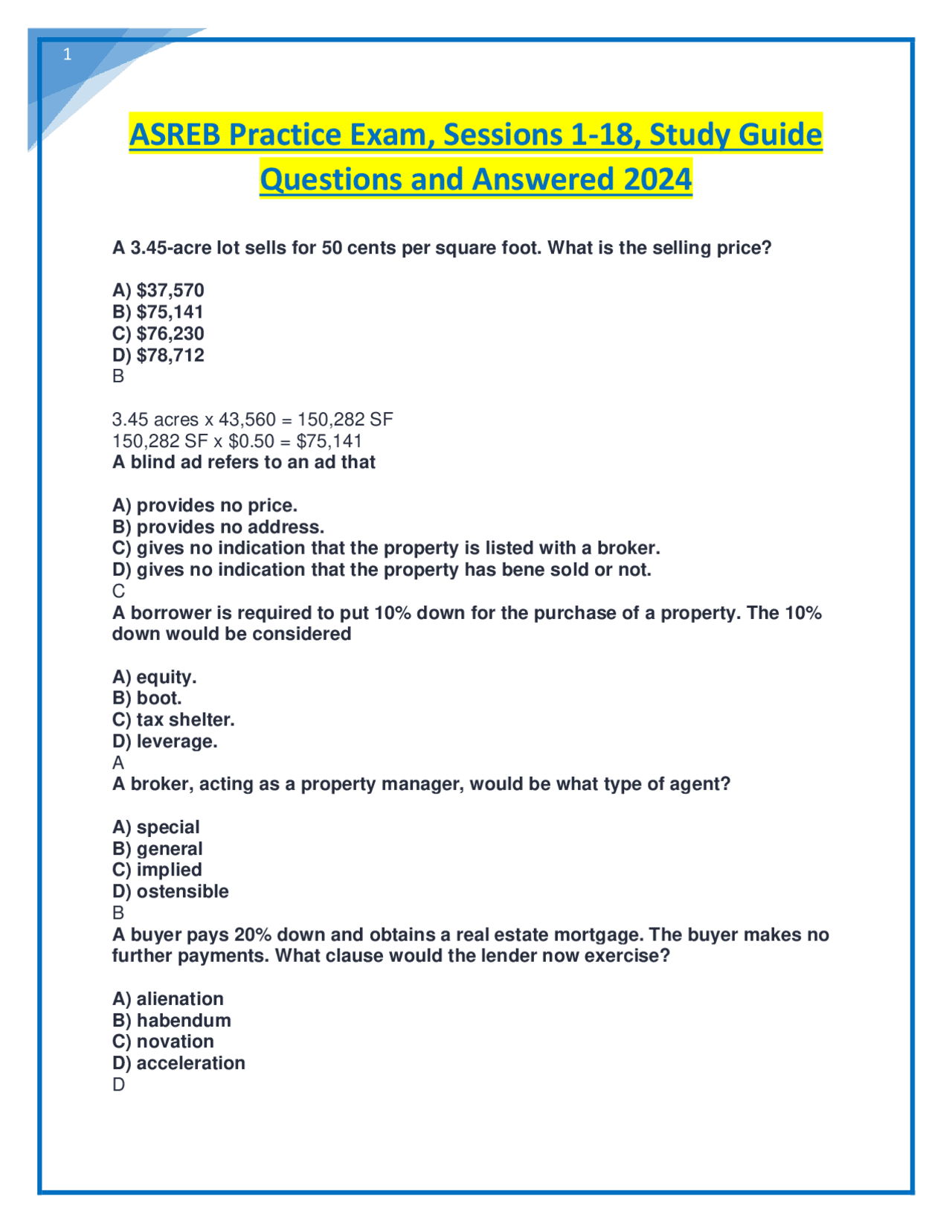ASREB Practice Exam, Sessions 1–18, Study Guide Questions and Answers ...