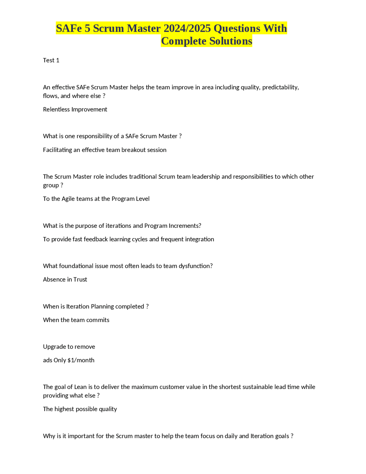 SAFE 5 SCRUM MASTER EXAM QUESTIONS WITH DETAILED VERIFIED ANSWERS 100 ...