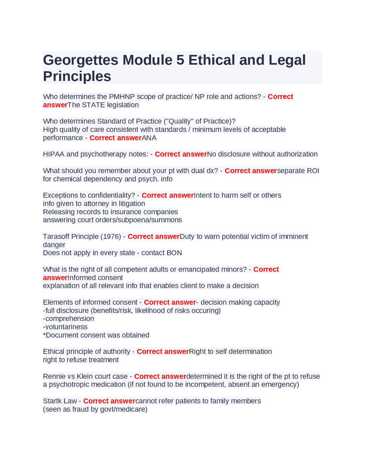Ethical and Legal Principles in PMHNP Practice | Exams Nursing | Docsity