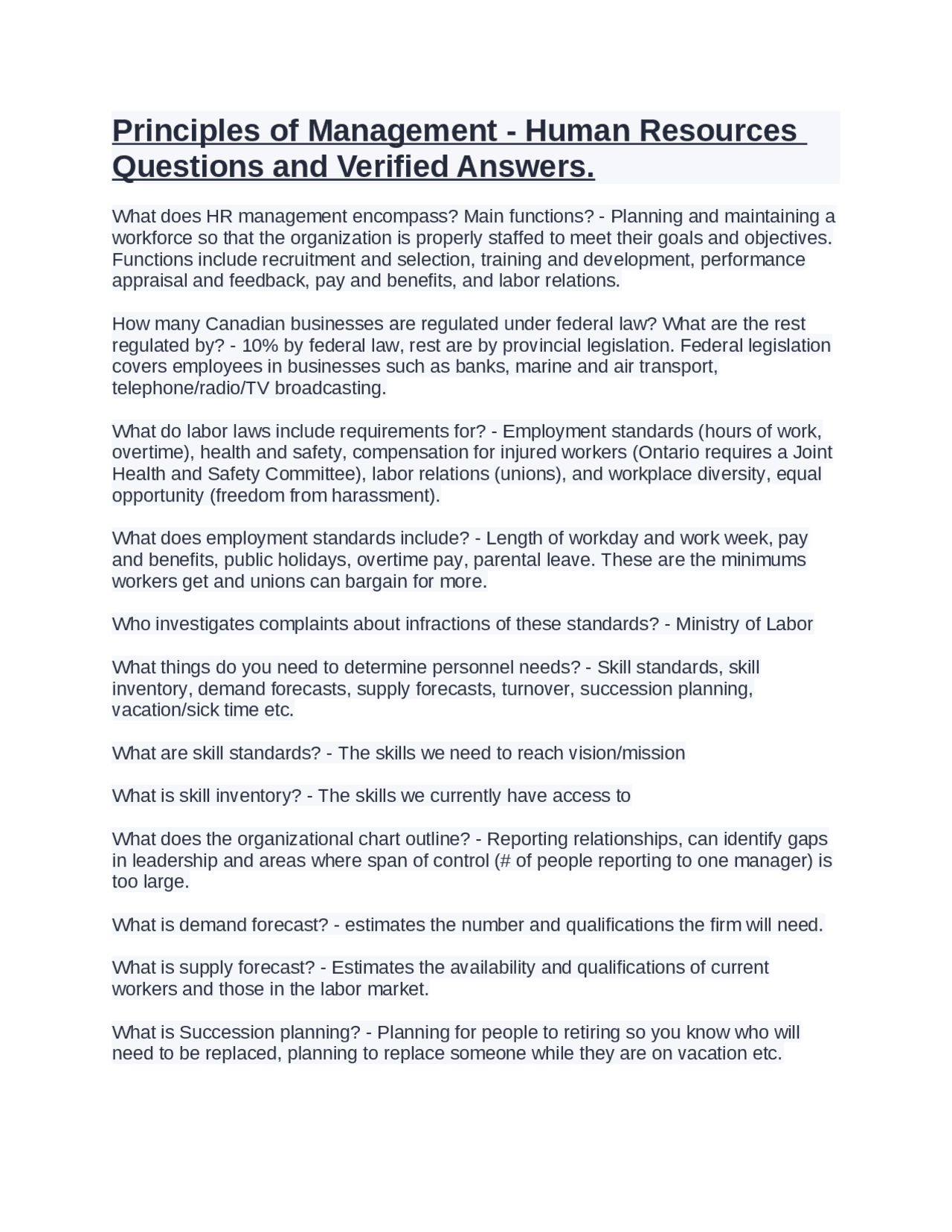 Principles of Management - Human Resources Questions and Verified ...