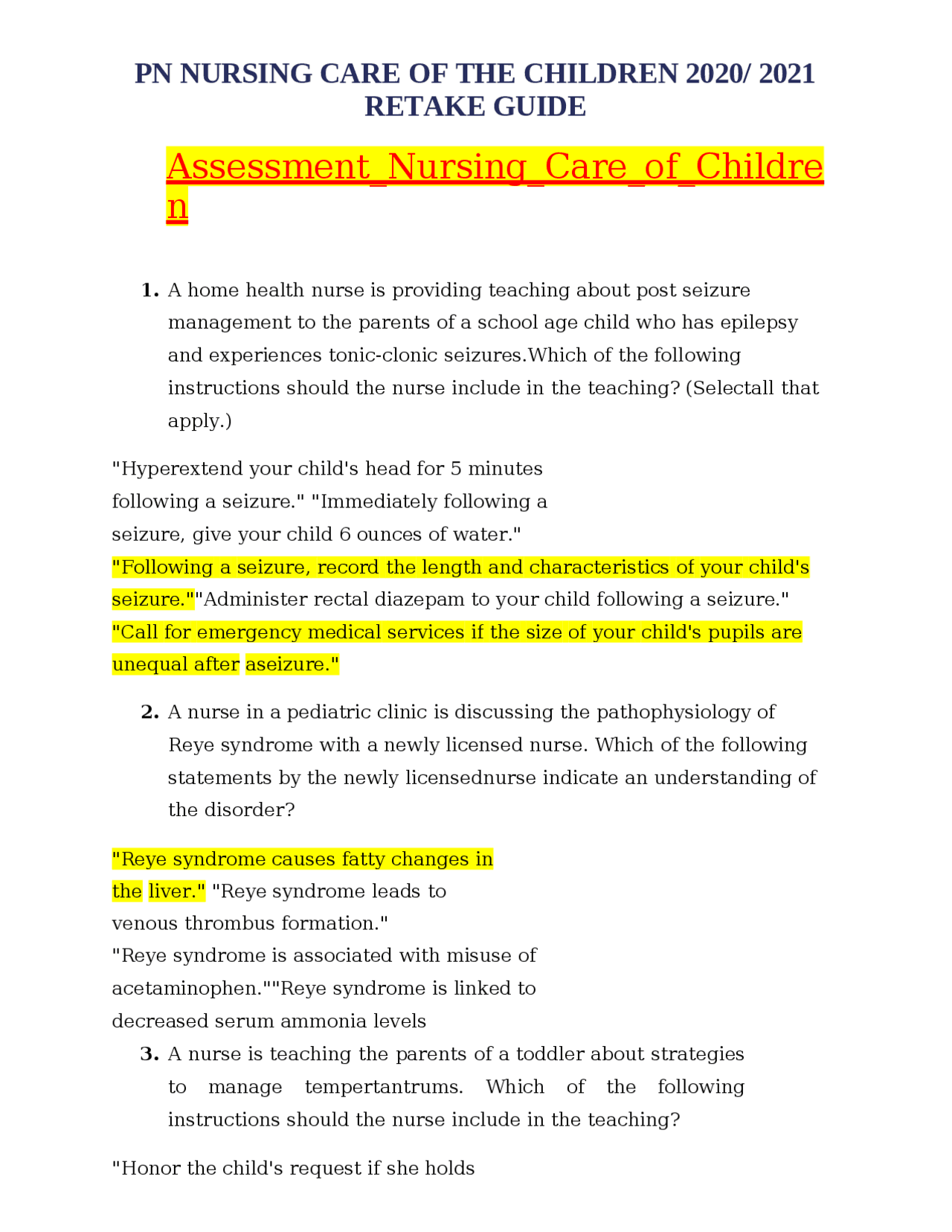 PN NURSING CARE OF THE CHILDREN 2020- 2021 RETAKE GUIDE (2).docx ...