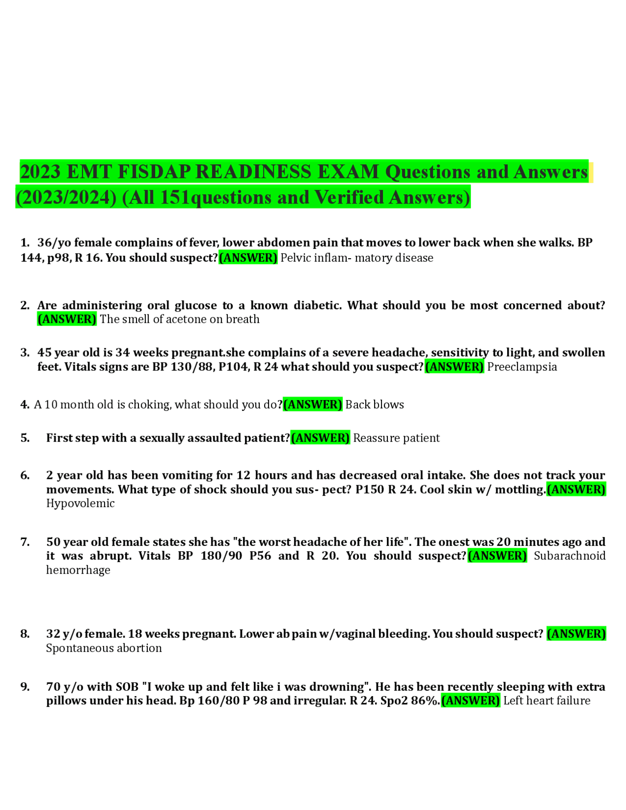 2023 EMT FISDAP READINESS EXAM Questions and Answers (2023/2024) (All ...